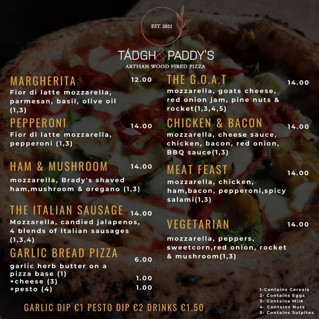 Menu at Tadgh & Paddy's Pizzeria, Kingscourt