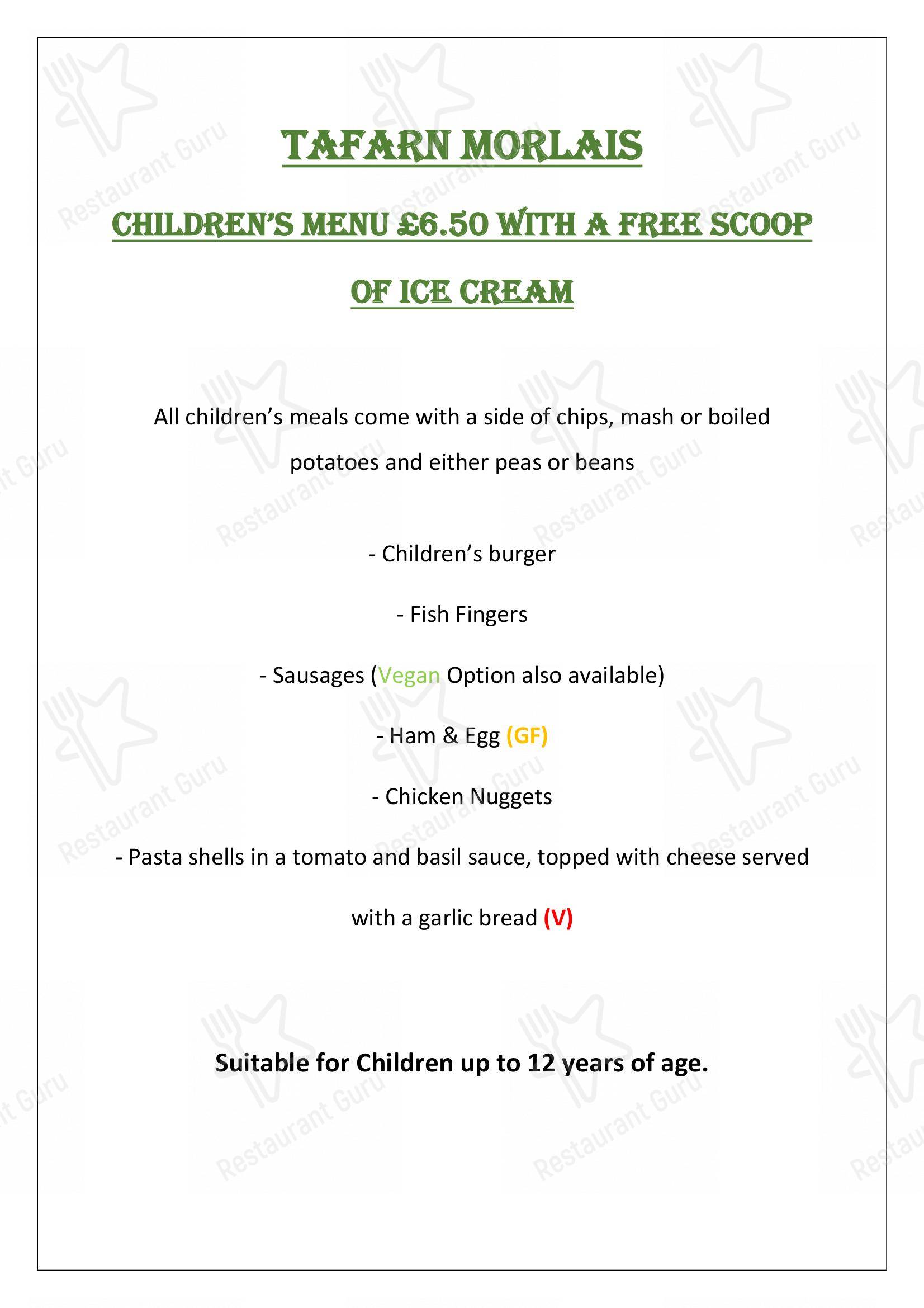 Menu at Tafarn Morlais restaurant, Llanelli