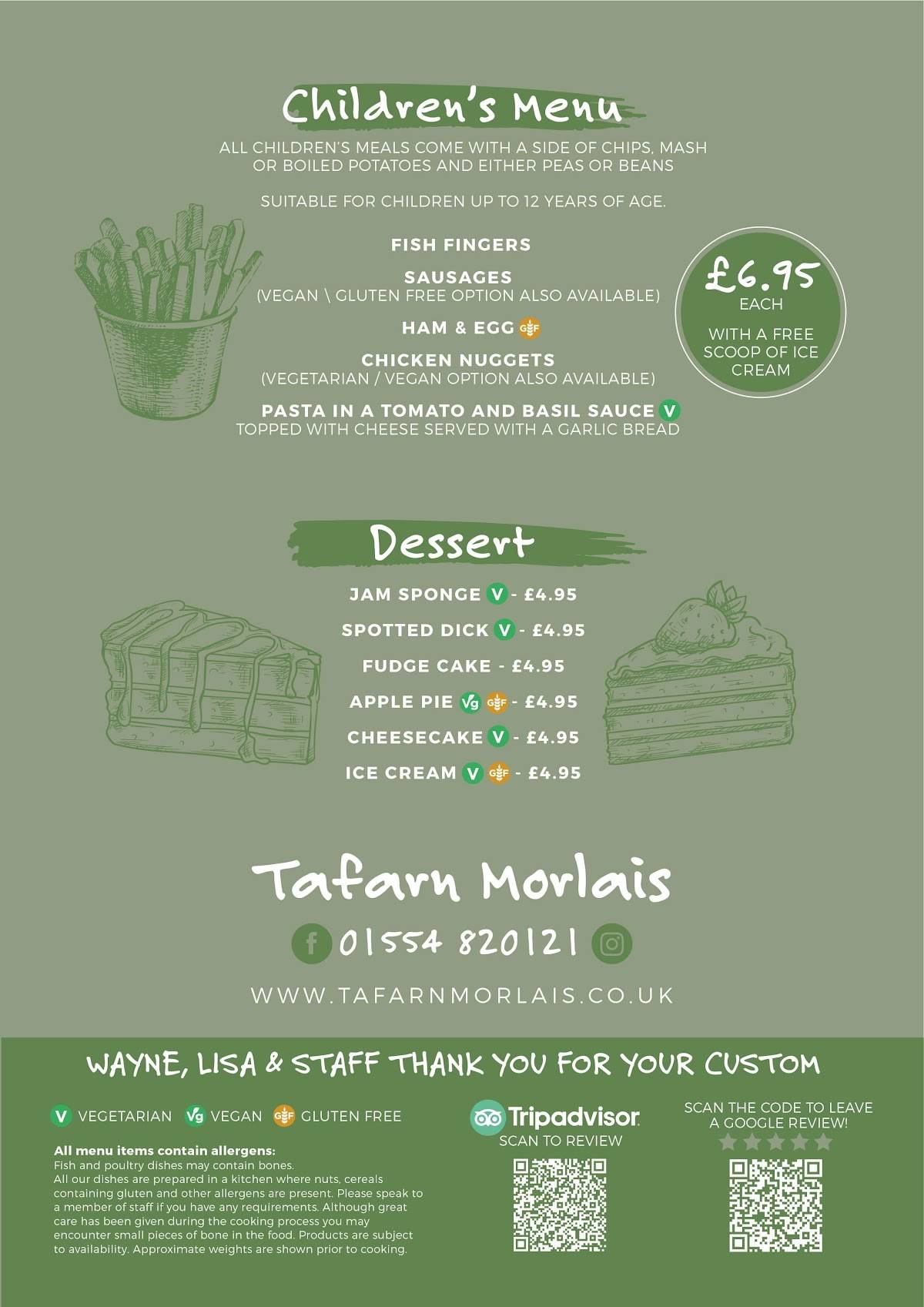 Menu at Tafarn Morlais restaurant, Llanelli