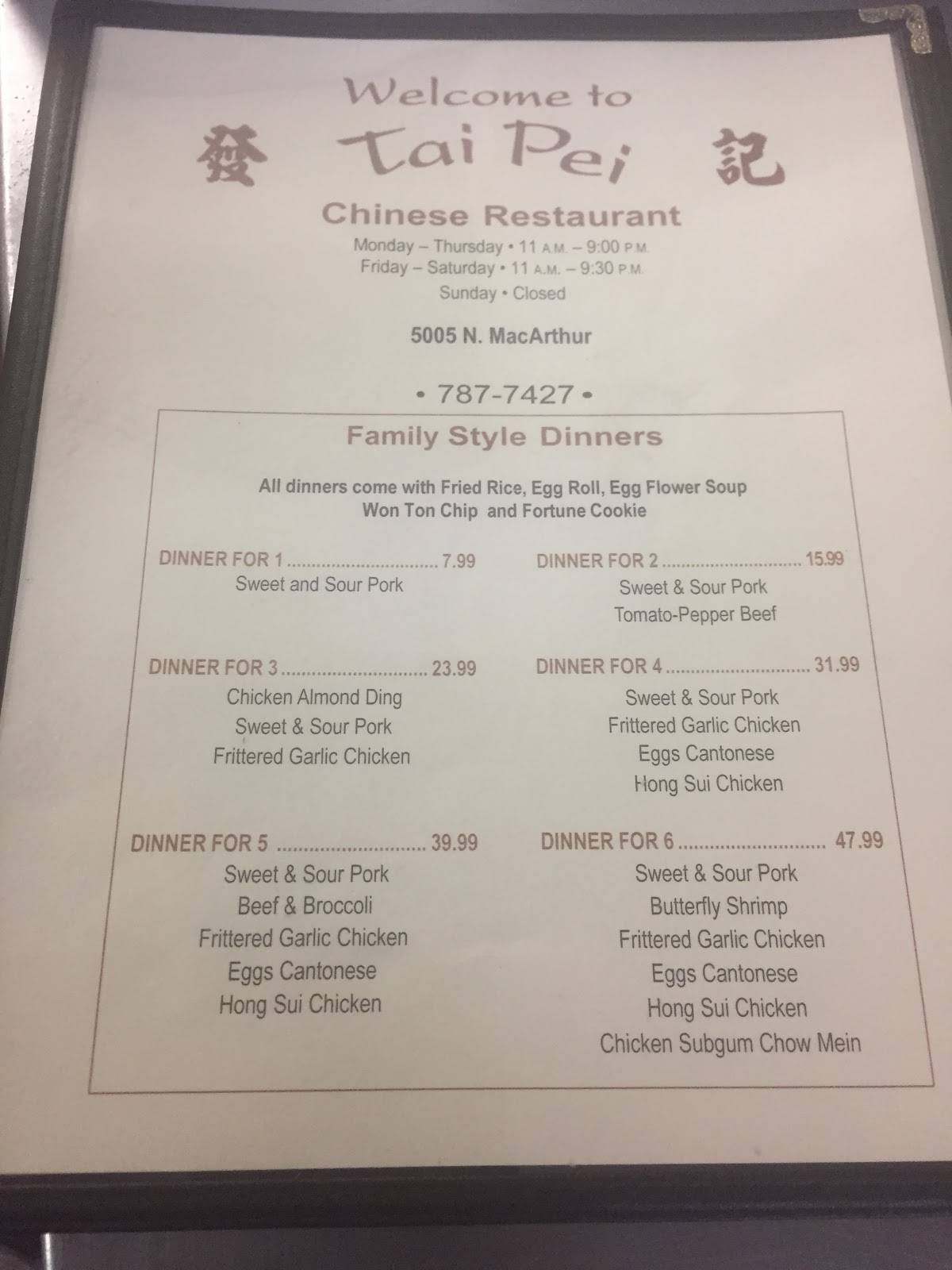 Menu at Tai Pei restaurant, Warr Acres