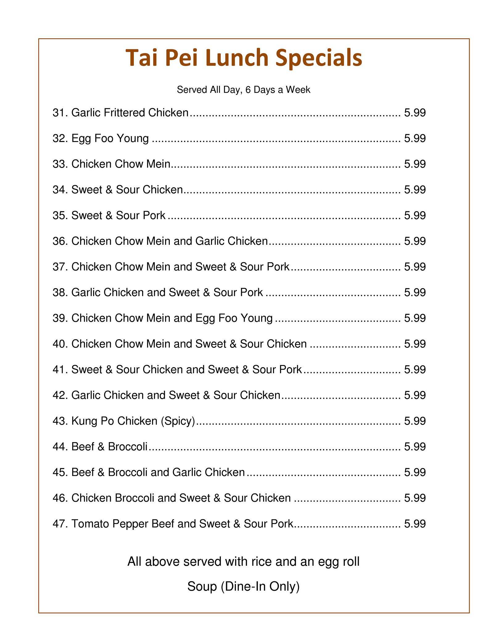 Menu at Tai Pei restaurant, Warr Acres
