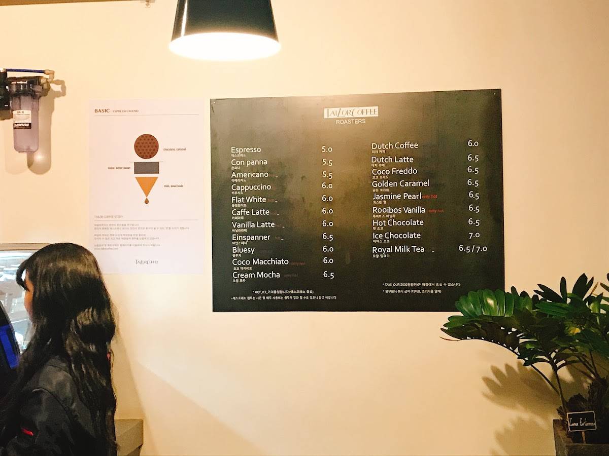 Menu at Tailor Coffee cafe, Seoul, 46 Wausan-ro 33-gil