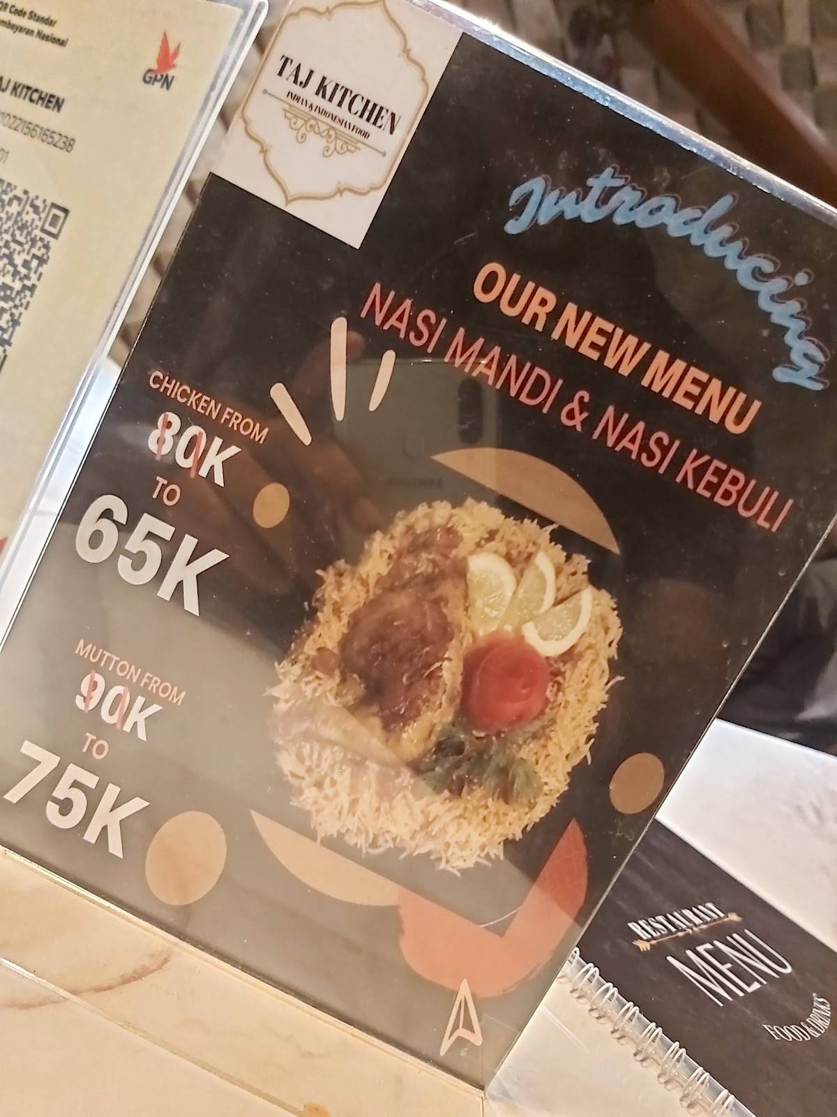 Menu at Taj Kitchen restaurant, South Jakarta