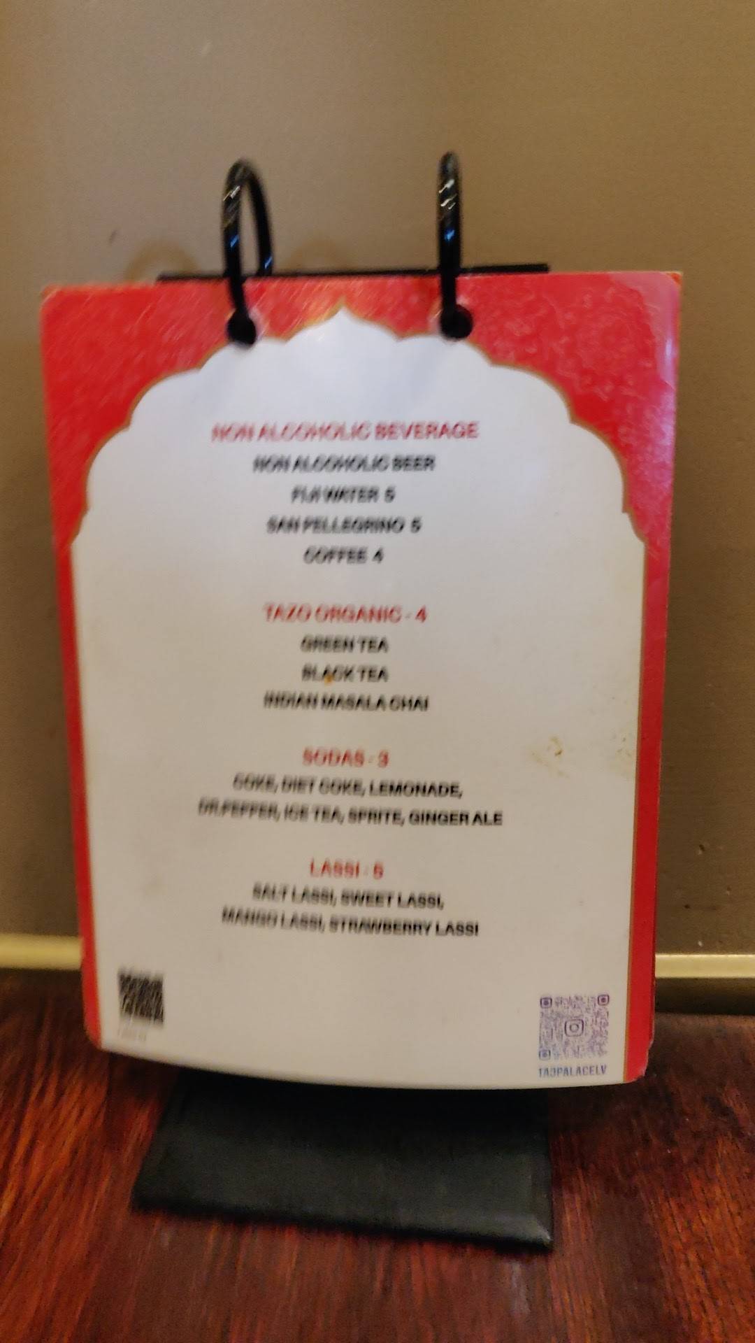 Menu at Taj Palace Indian Cuisine restaurant, Las Vegas