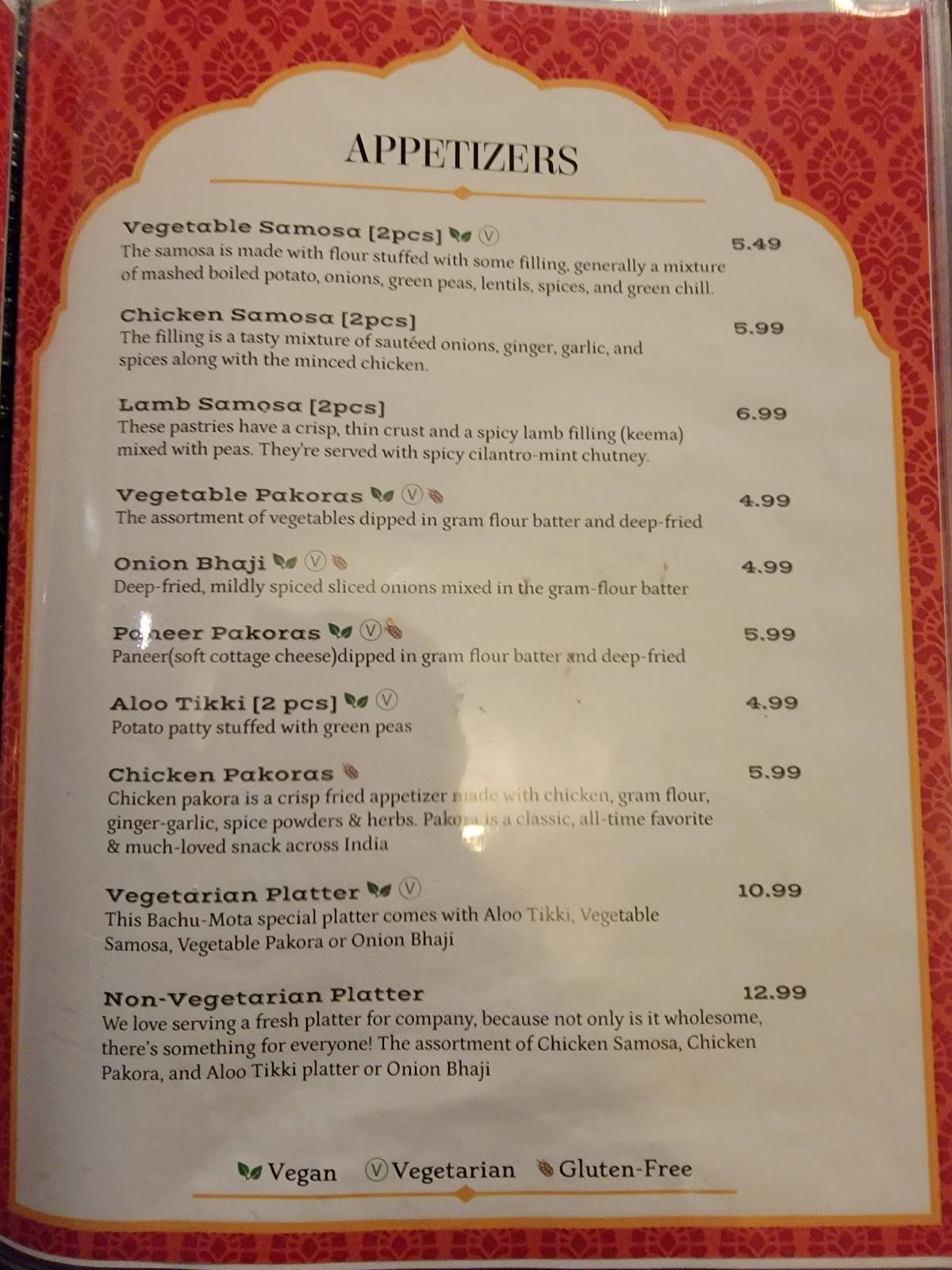 Menu at Taj Palace Indian Cuisine restaurant, Las Vegas