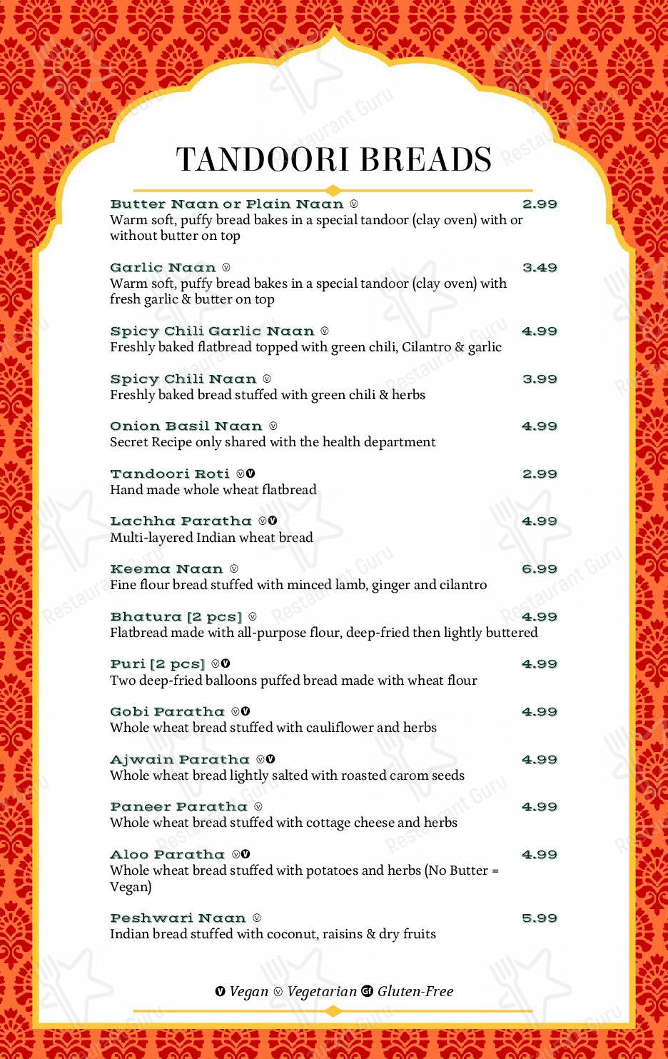 Menu at Taj Palace Indian Cuisine restaurant, Las Vegas
