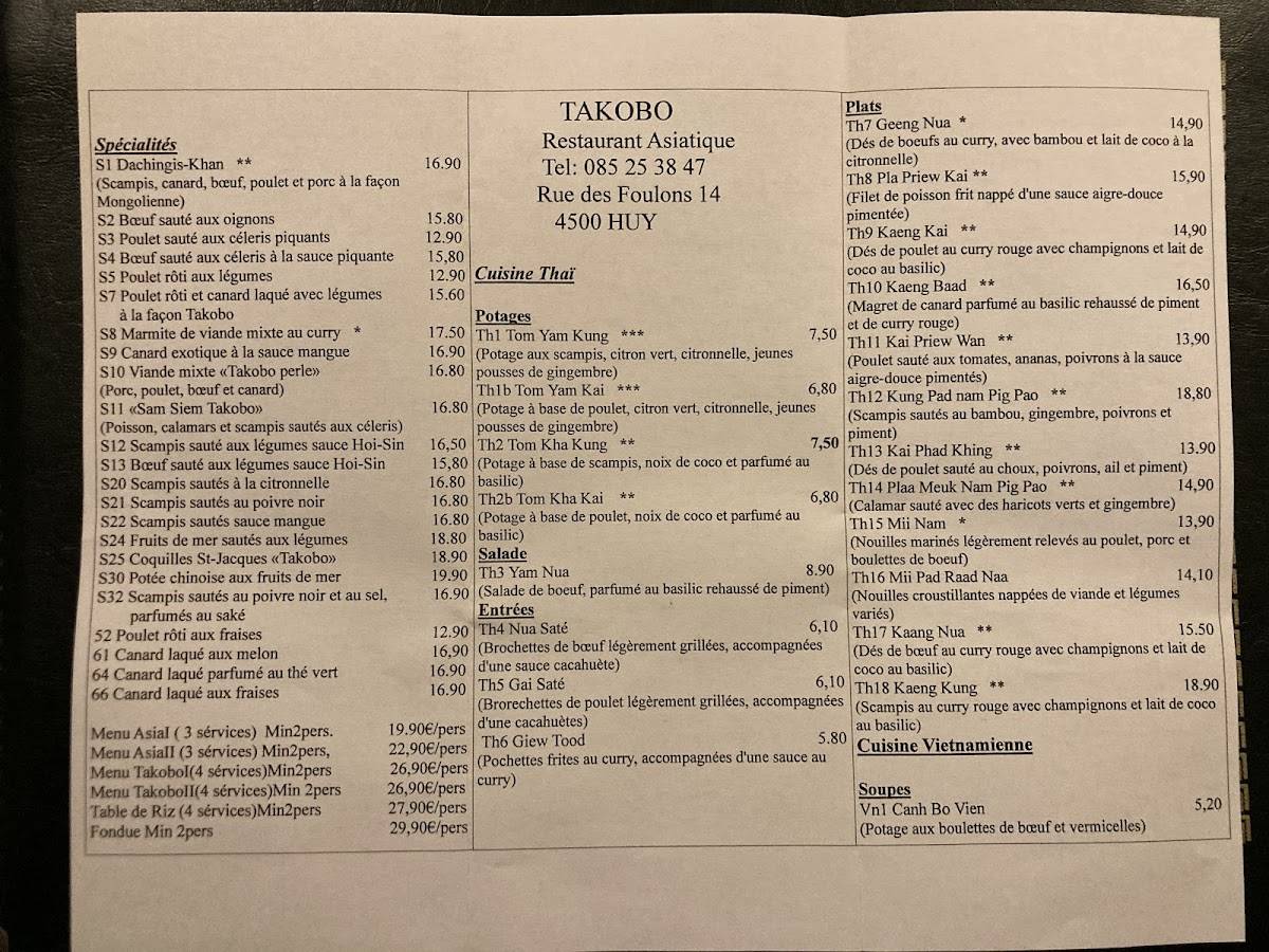 Menu at Takobo, Huy