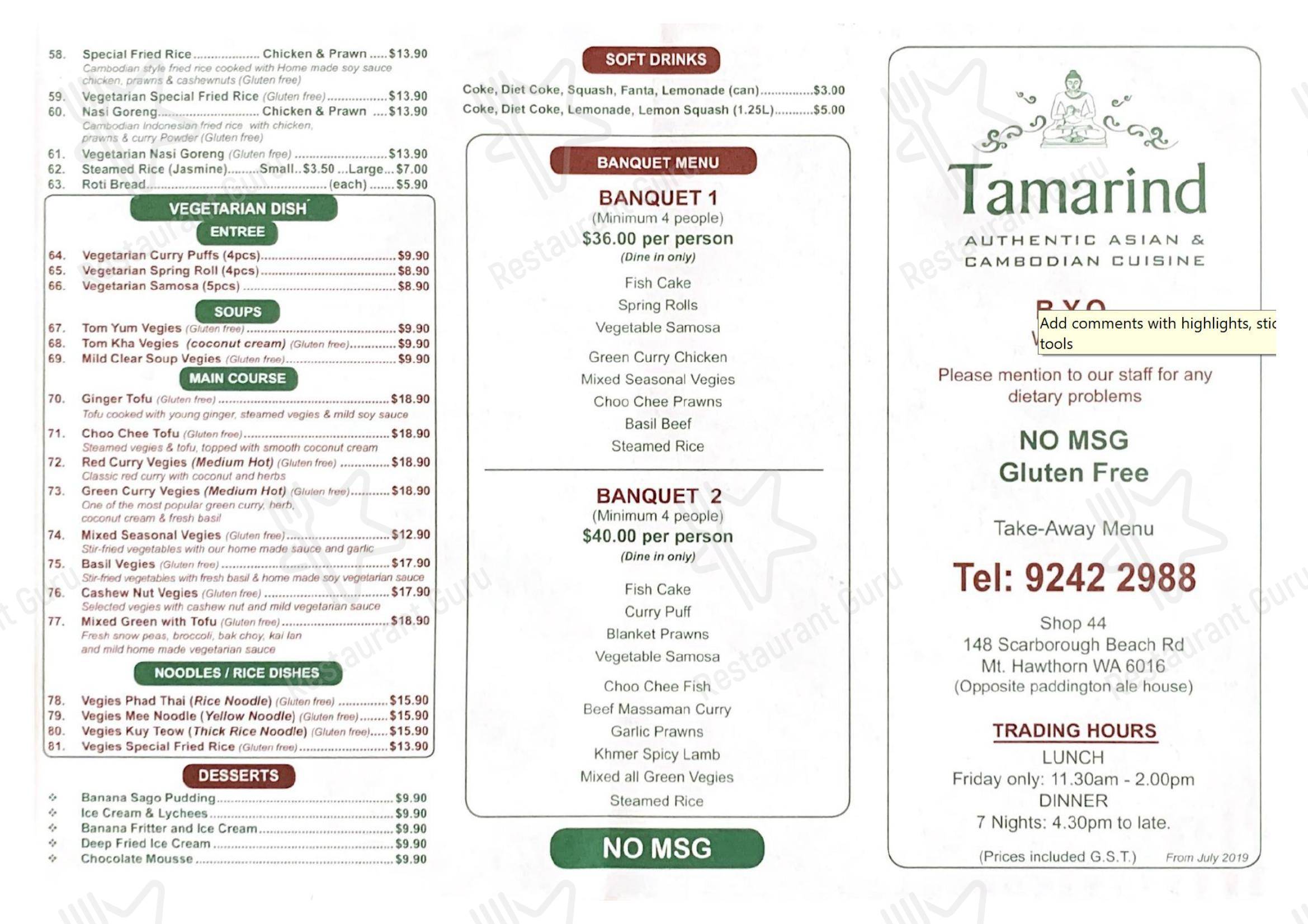 Menu at Tamarind Cambodian Cuisine restaurant, Mount Hawthorn, 44/148 ...