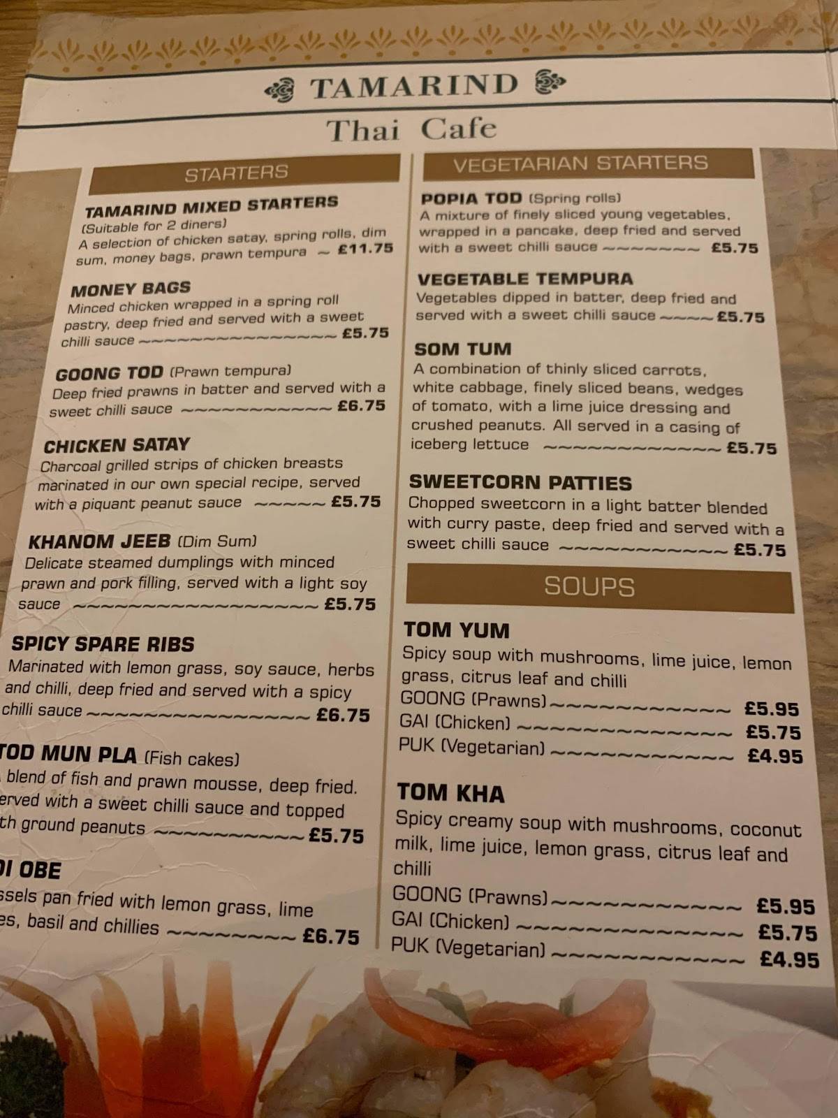 Menu at Tamarind Thai Cafe, Rickmansworth