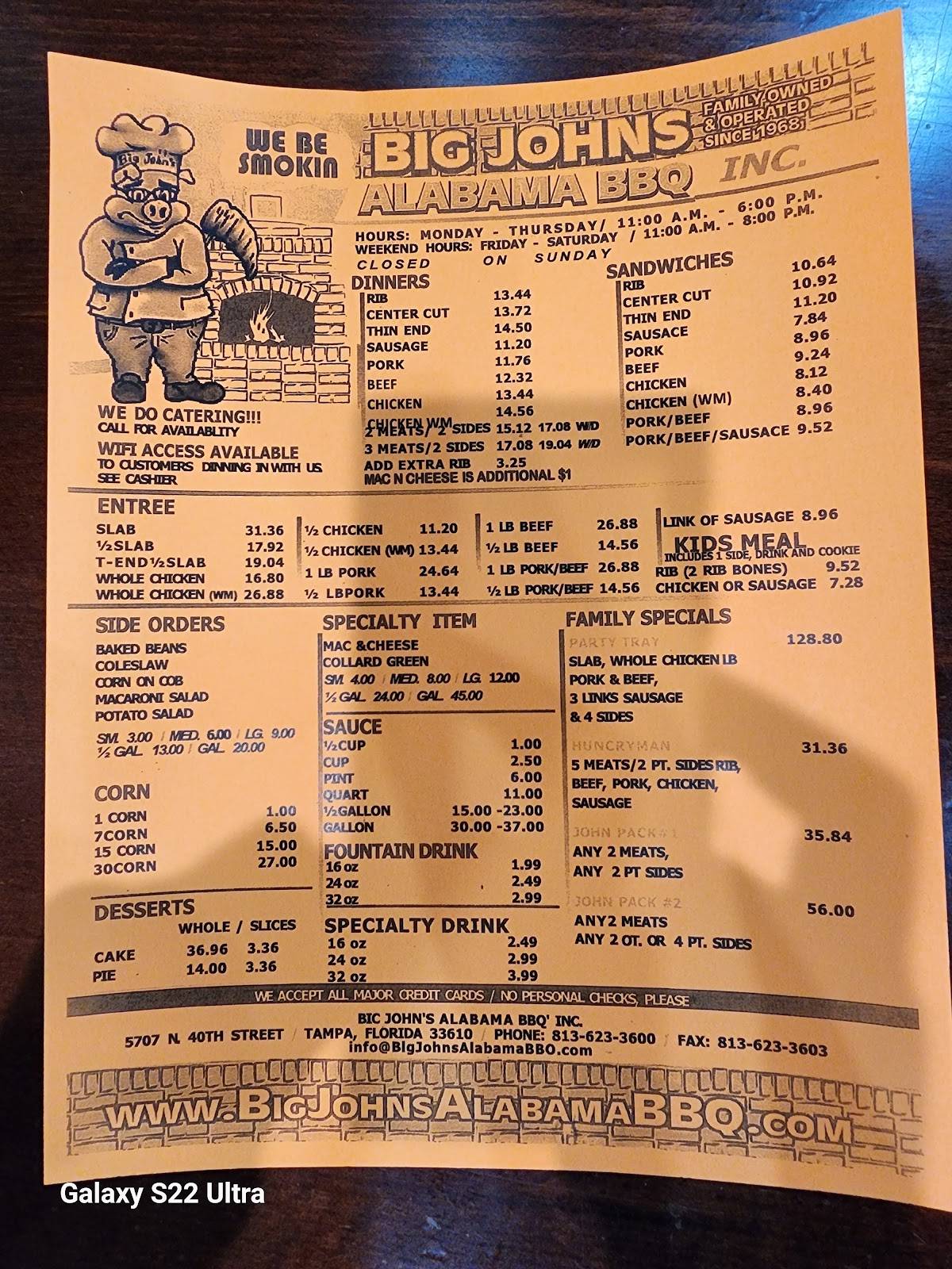 Menu at Big John's Alabama BBQ, Tampa