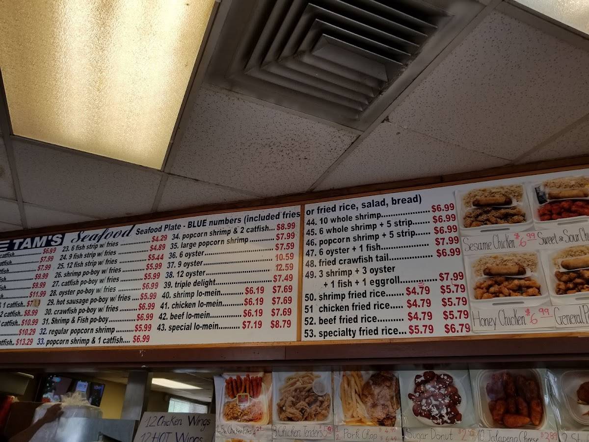 Menu at Tam's Seafood restaurant, Donaldsonville