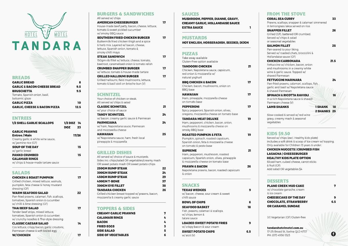 Menu at Tandara Hotel pub & bar, Sarina