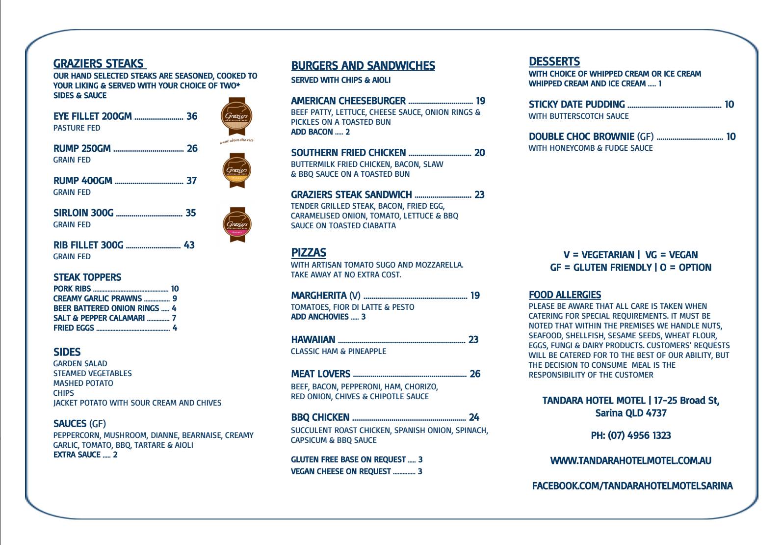Menu at Tandara Hotel pub & bar, Sarina