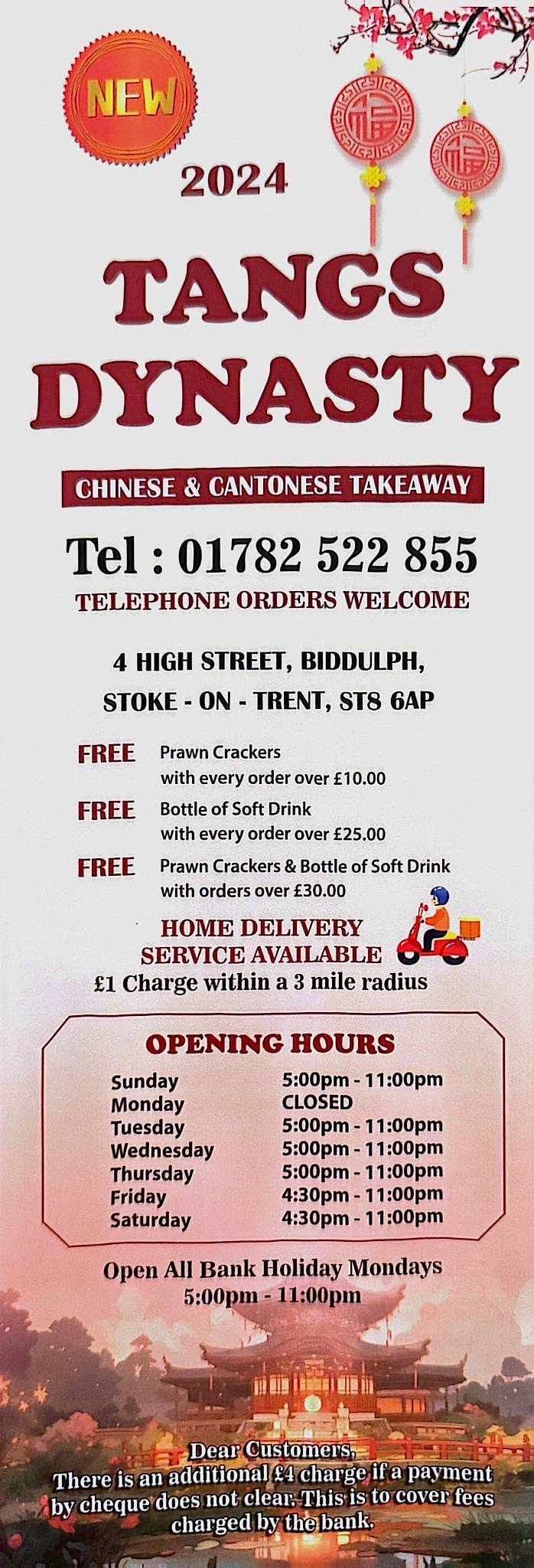 Menu at Tang's Dynasty Takeaway fast food, Stoke-on-Trent