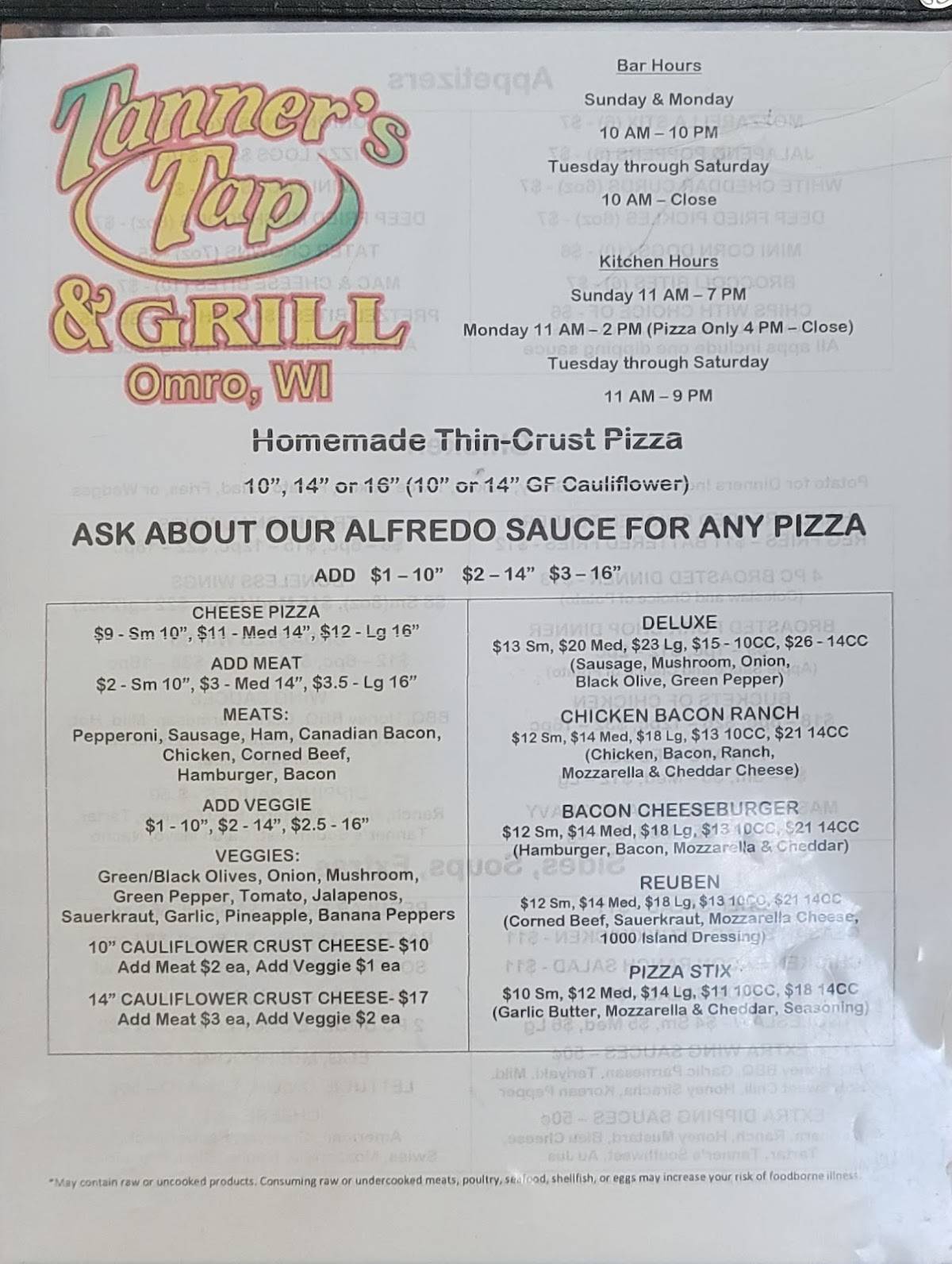 Menu at Tanners Tap & Grill pub & bar, Omro