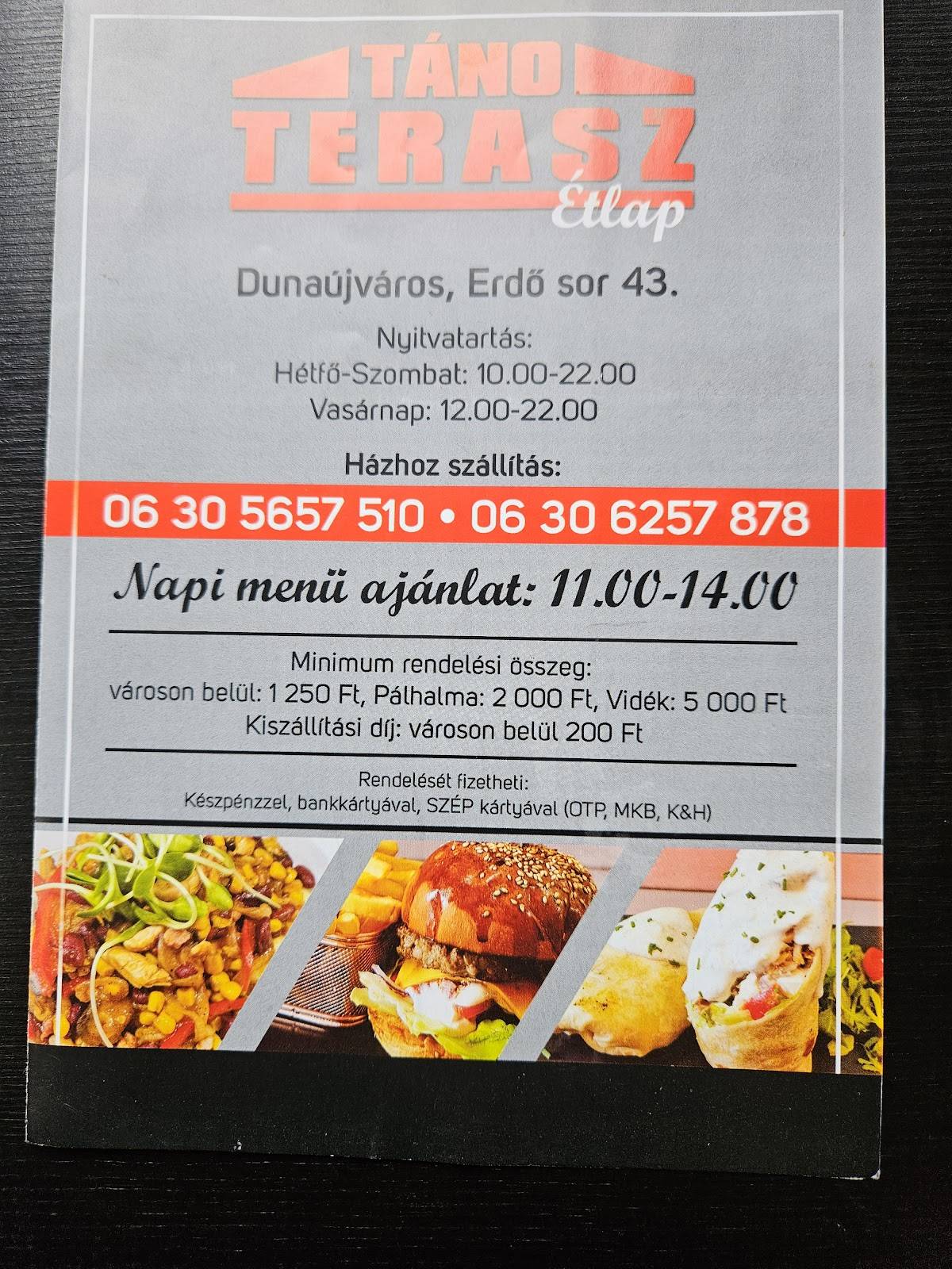 Menu at Táno Terasz restaurant, Dunaújváros