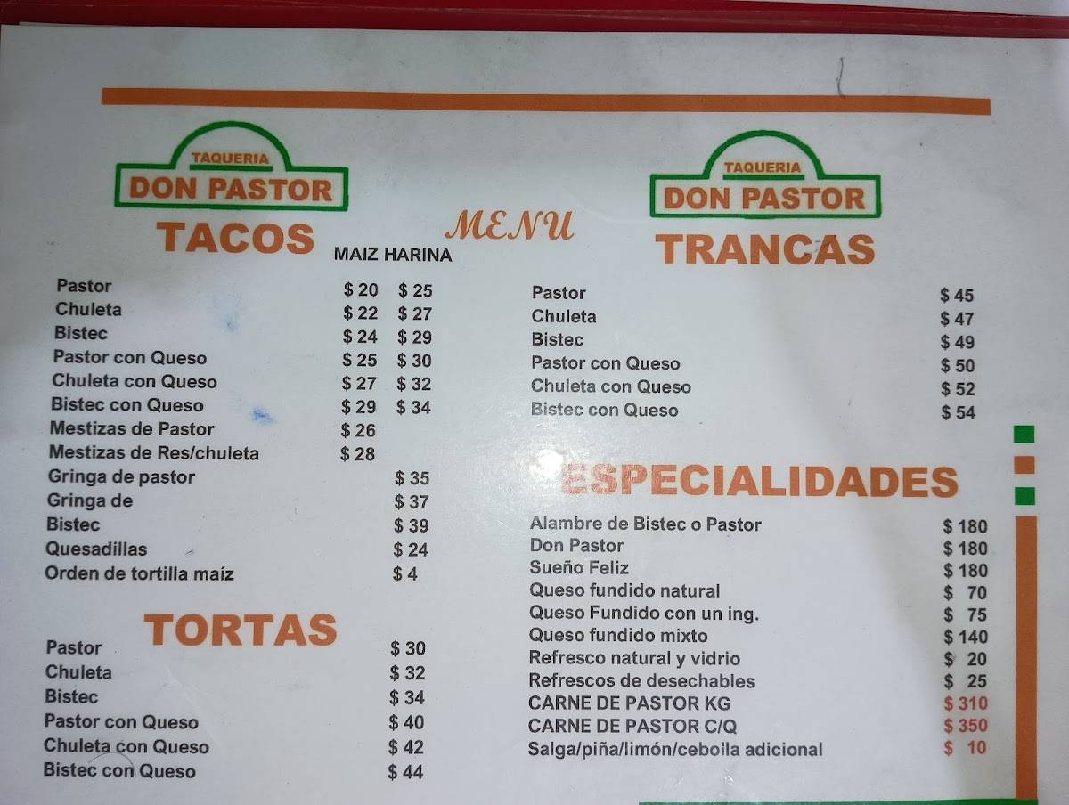Carta del restaurante Taquería Don Pastor, Campeche