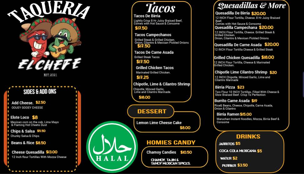 Menu at Taqueria El Chefe restaurant, Calgary, 27 Ave NE