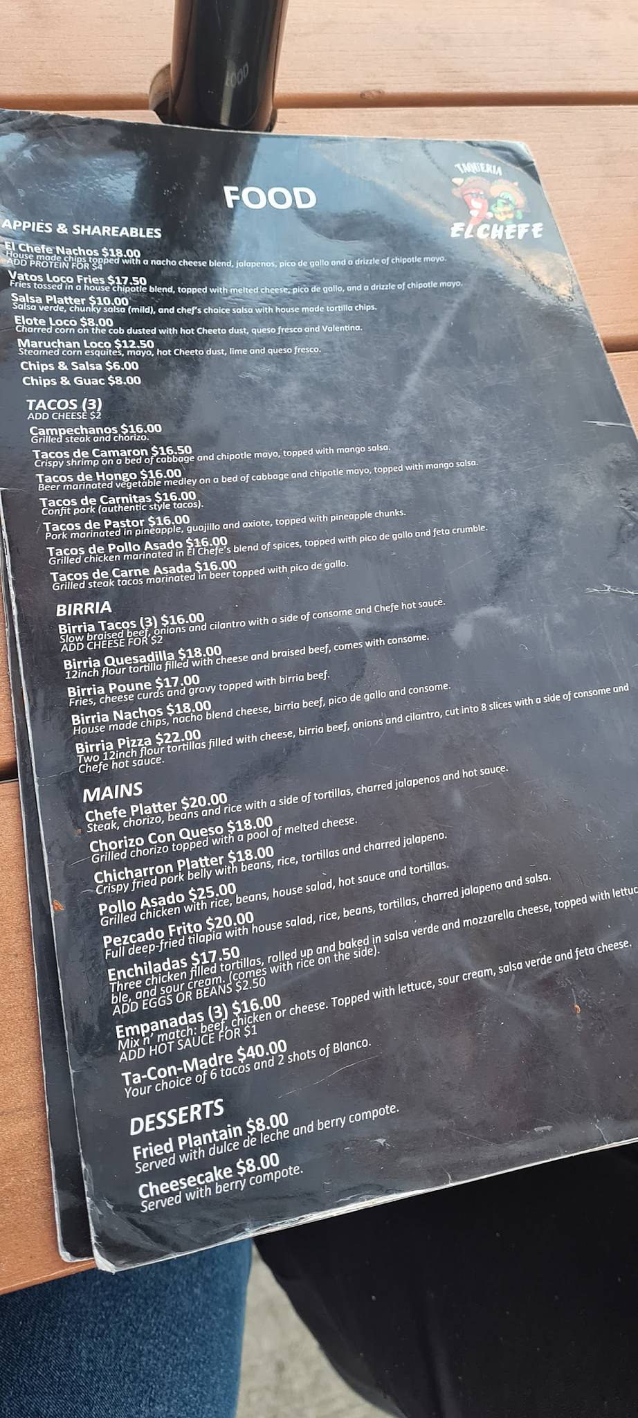 Menu at Taqueria El Chefe restaurant, Calgary
