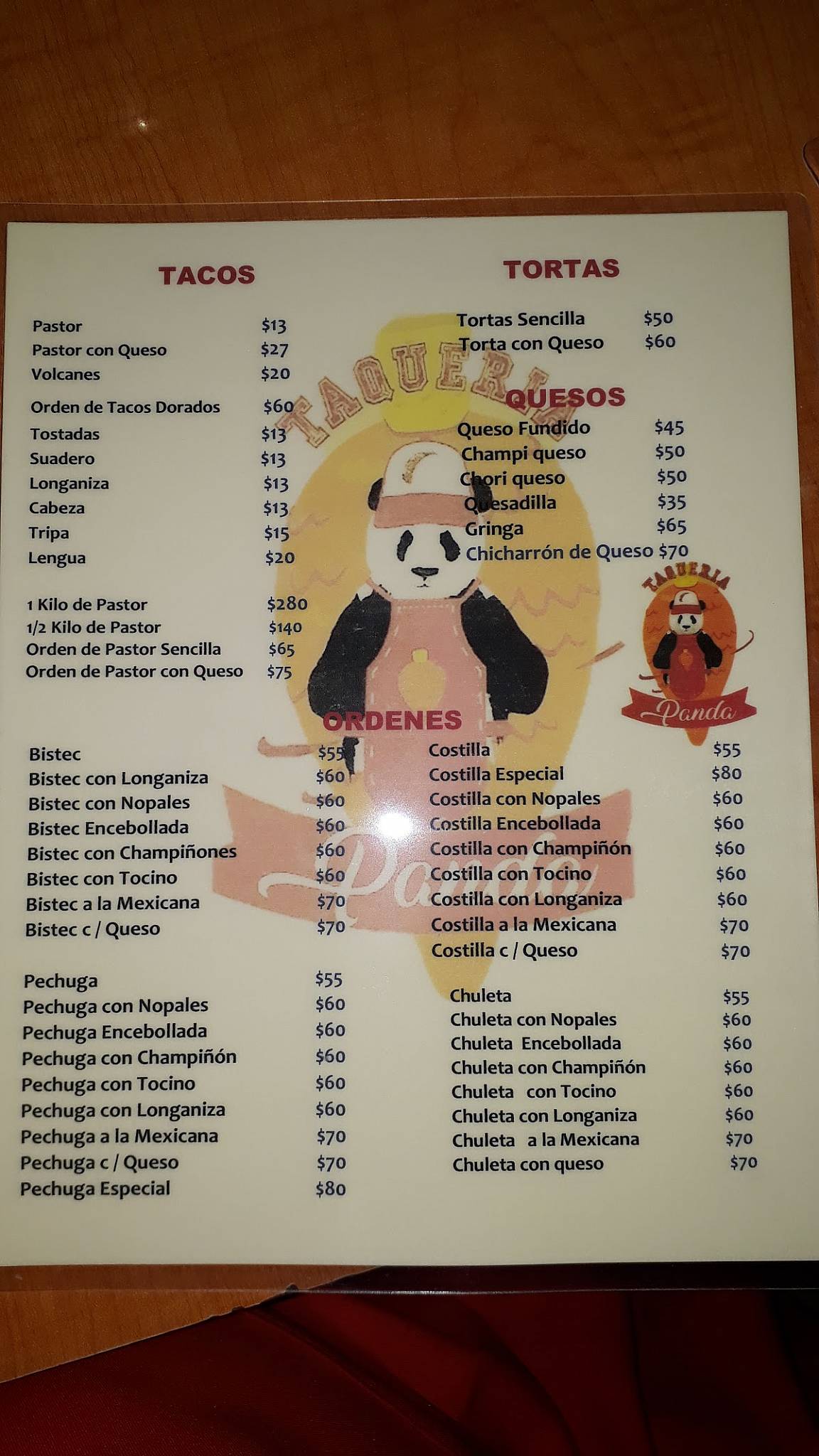 Carta del restaurante Taquería "El Panda", Texcoco del Mora
