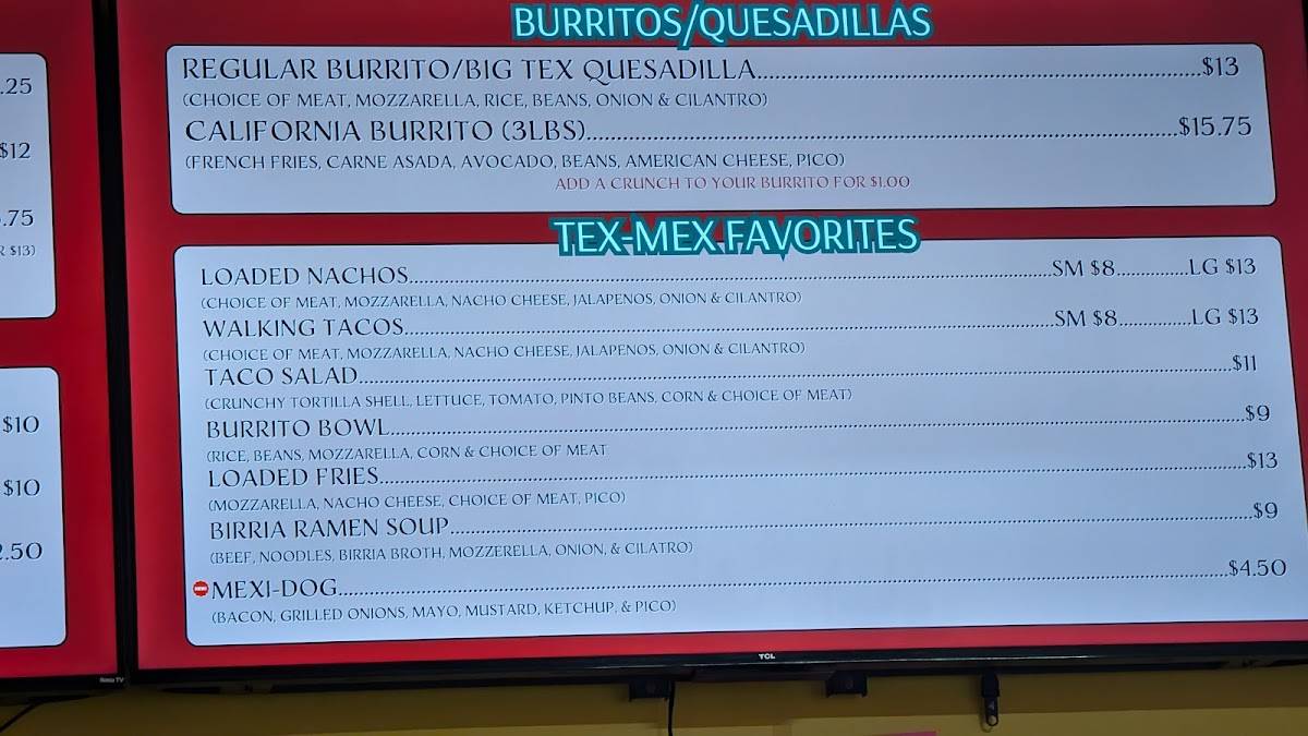 Menu at Taqueria El Texano restaurant, Three Rivers