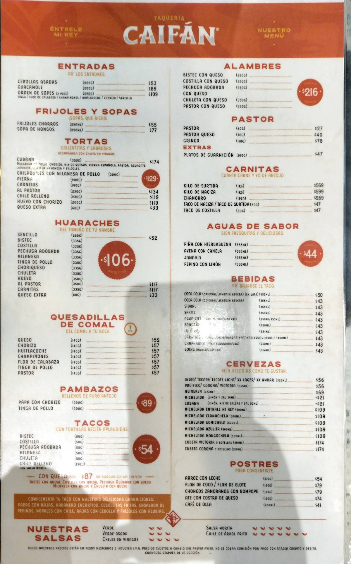 Carta del restaurante Taquería El Caifán (Alameda), Ciudad López Mateos