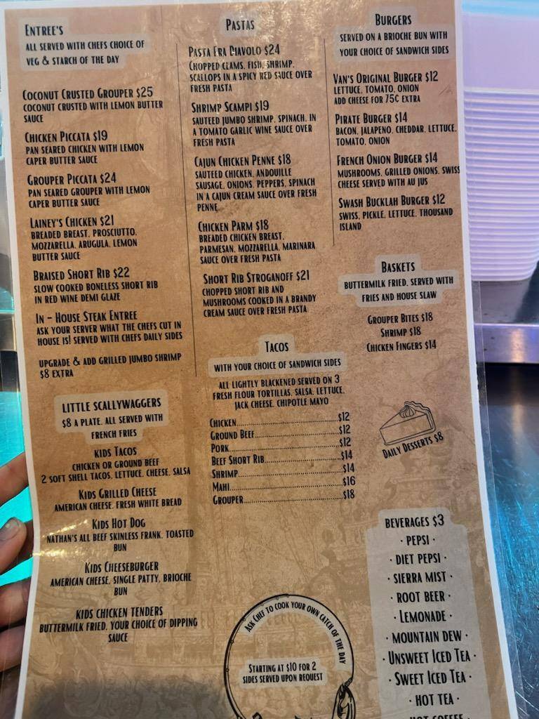 Menu at Blackbeard's Grub & Grog restaurant, Tarpon Springs