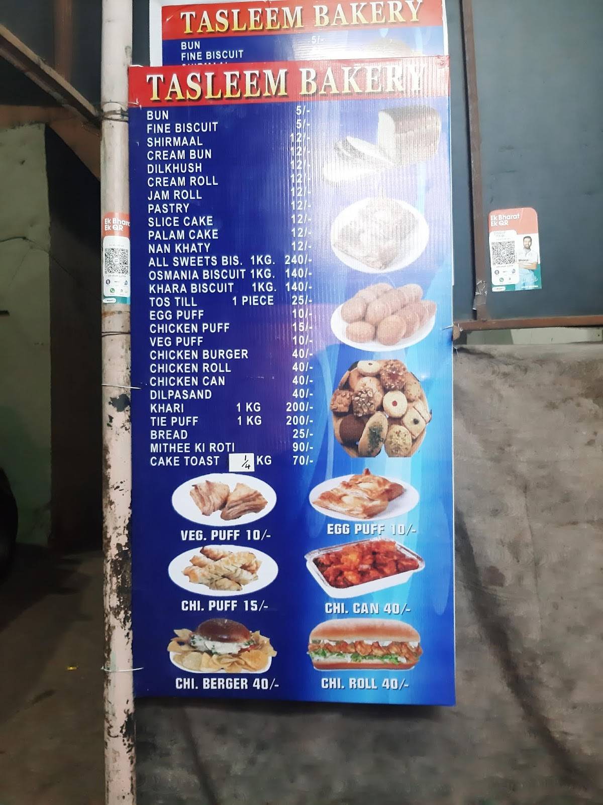Menu at Tasleem Bakery, Hyderabad