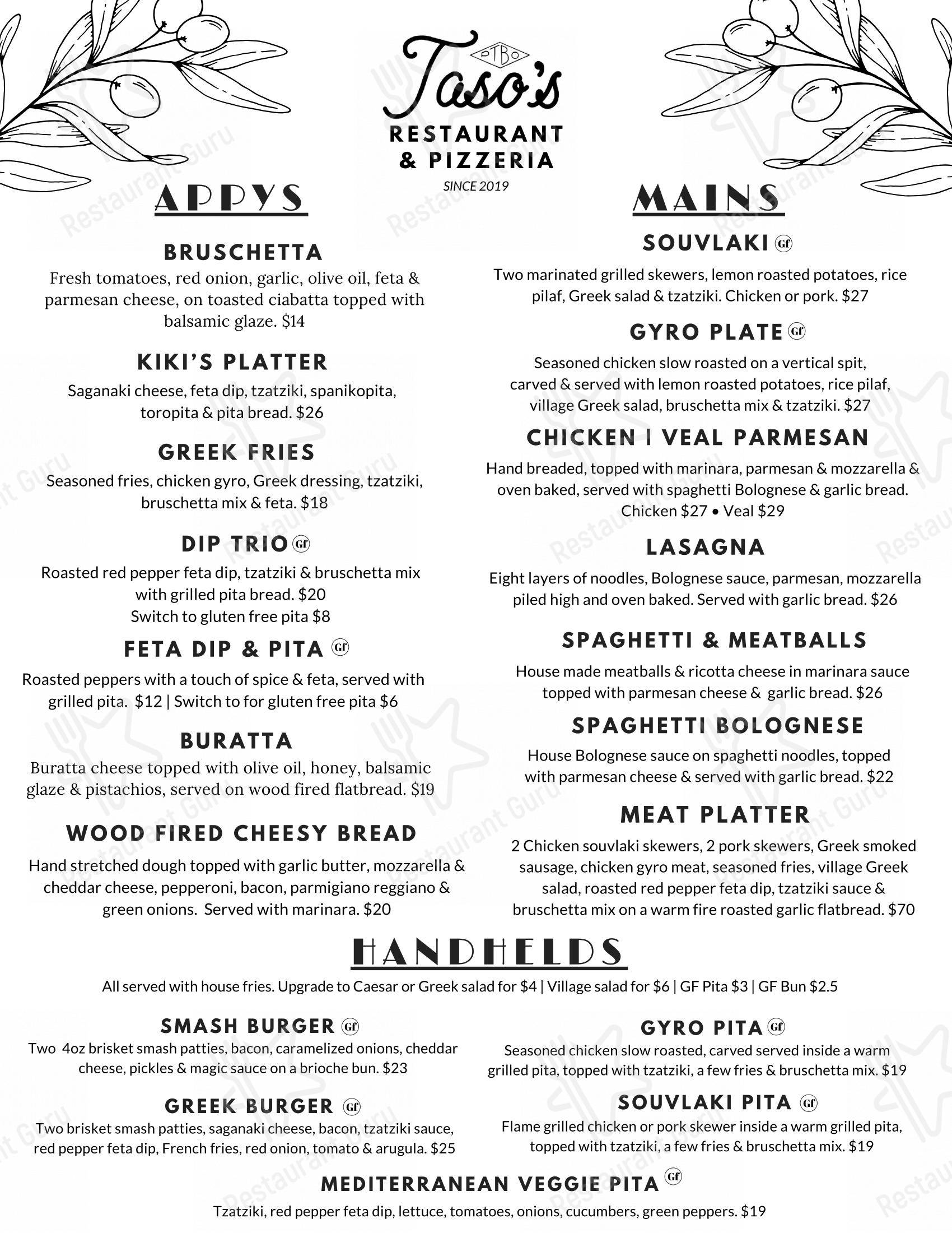 Menu at Taso's Restaurant and Pizzeria, Kawartha Lakes