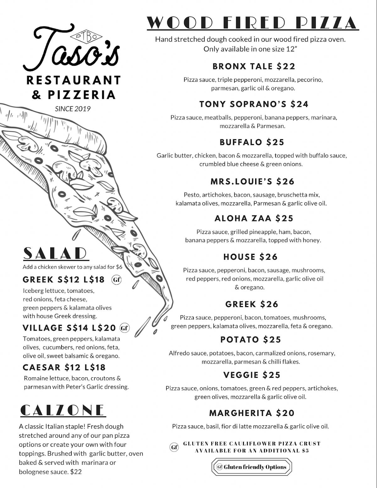 Menu at Taso's Restaurant and Pizzeria, Kawartha Lakes