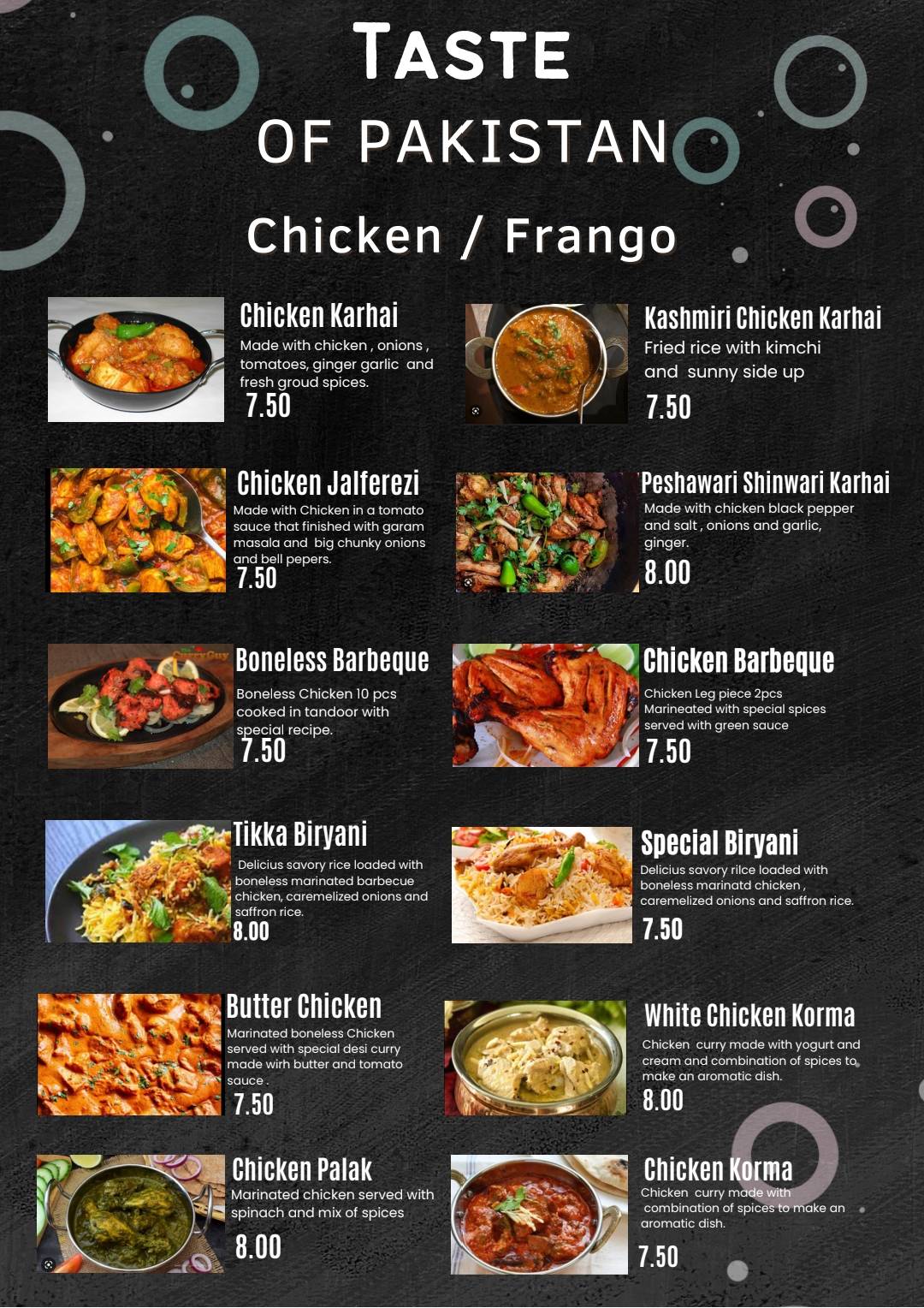 Menu em Taste of Pakistan restaurante, Lisboa
