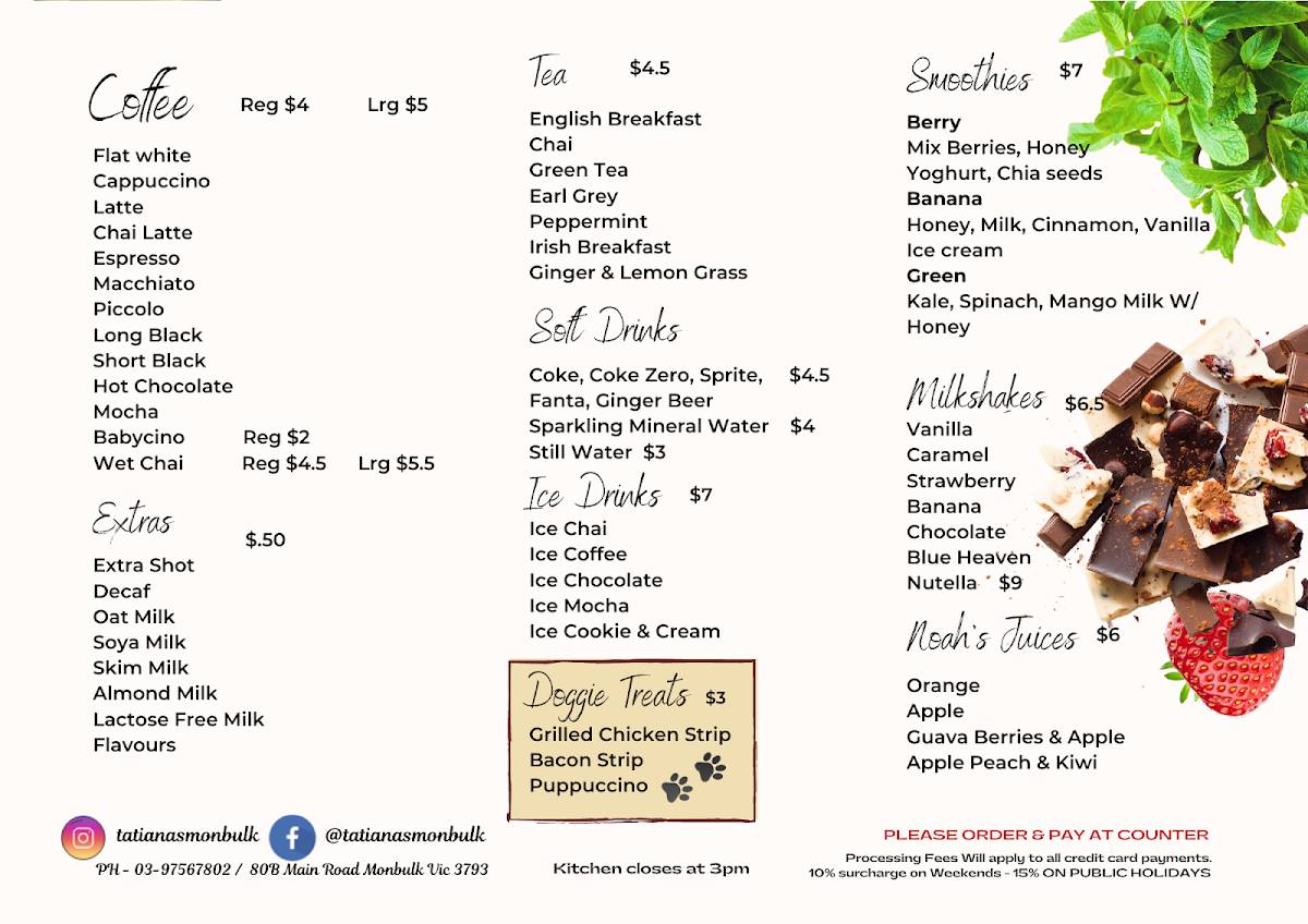 Menu at Tatiana's cafe, Monbulk