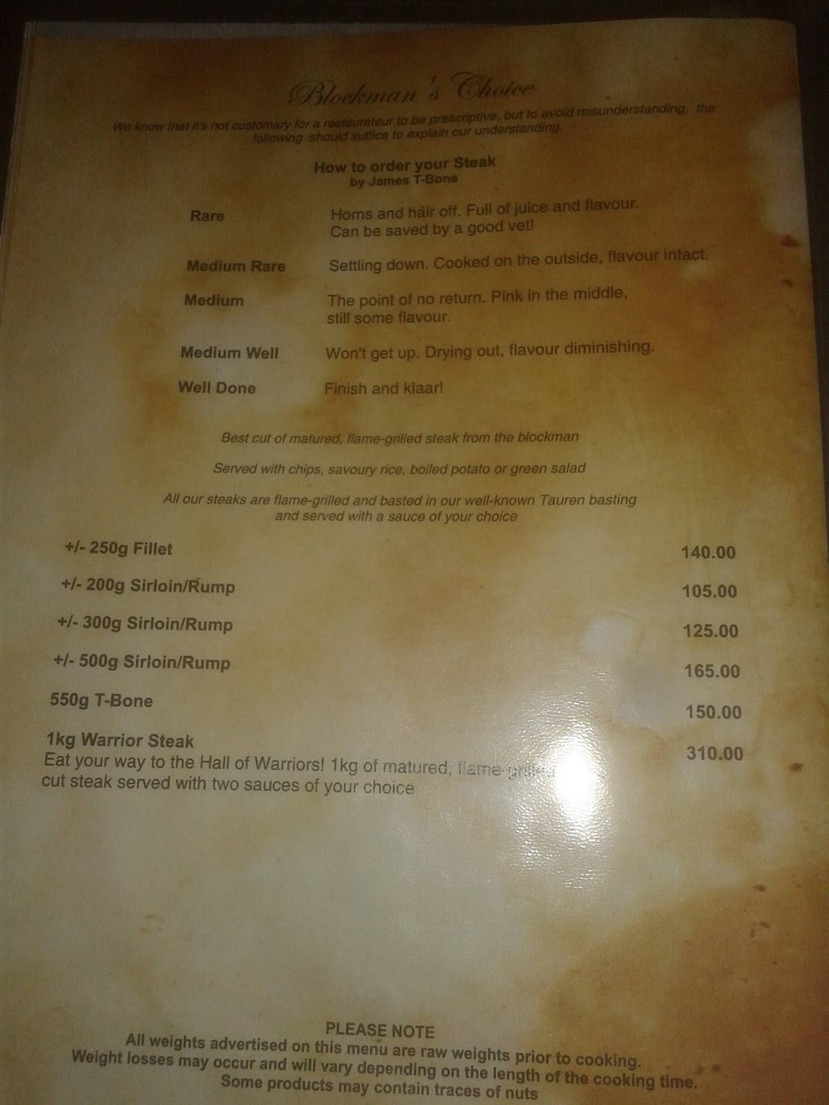Menu at Tauren Steak Ranch Springbok steakhouse, Springbok