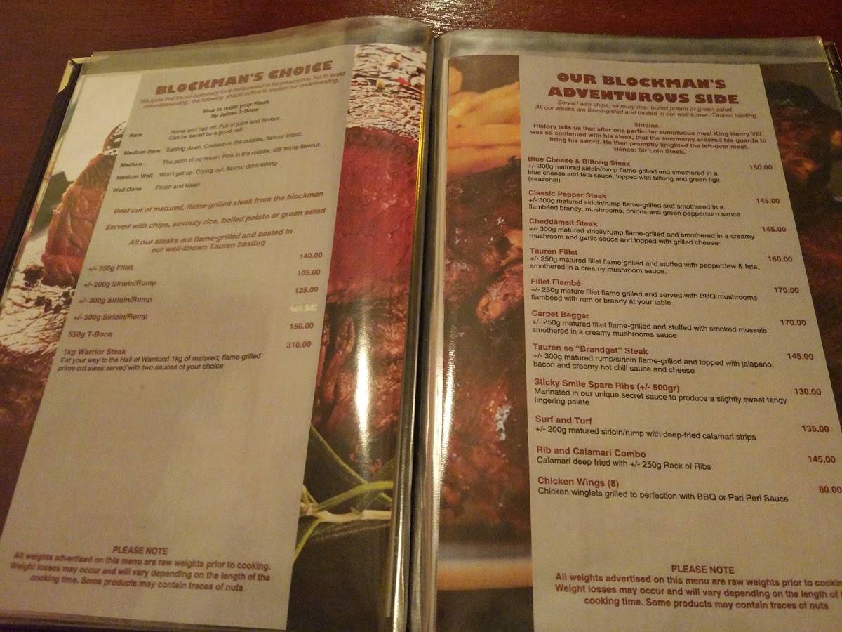 Menu at Tauren Steak Ranch Springbok steakhouse, Springbok