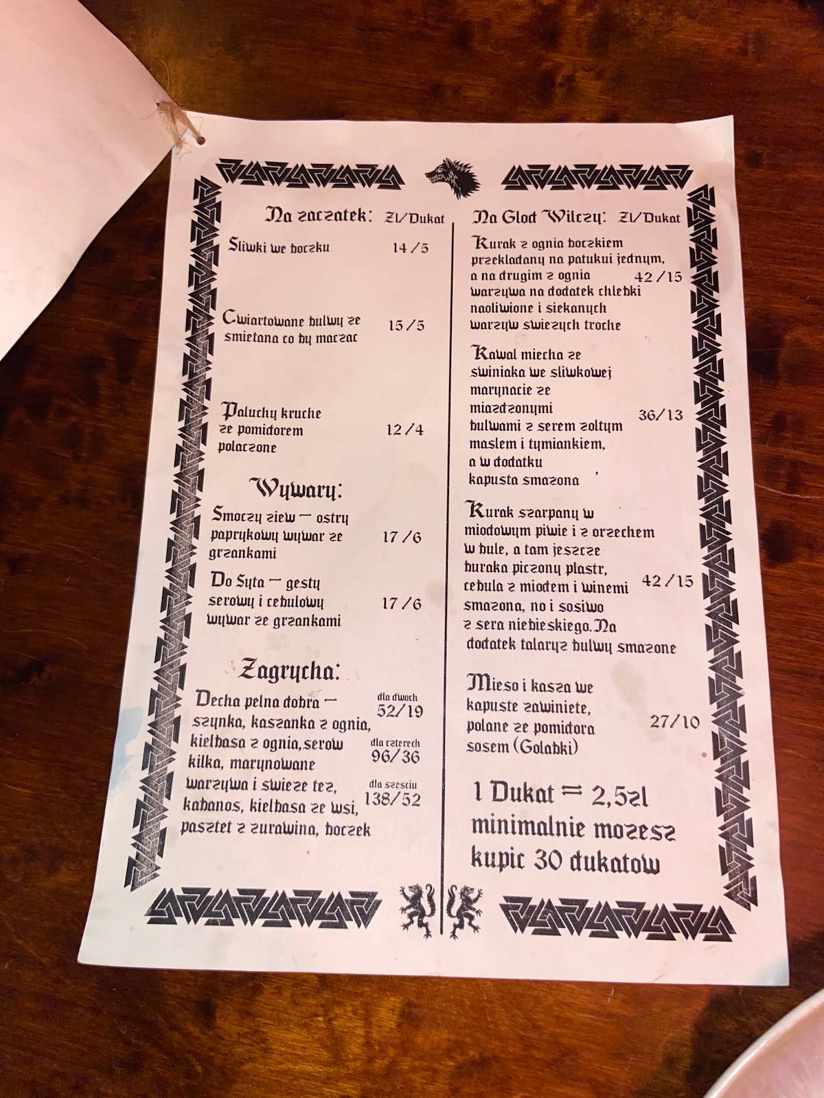 Menu at Tawerna Wilczy Dół restaurant, Kraków