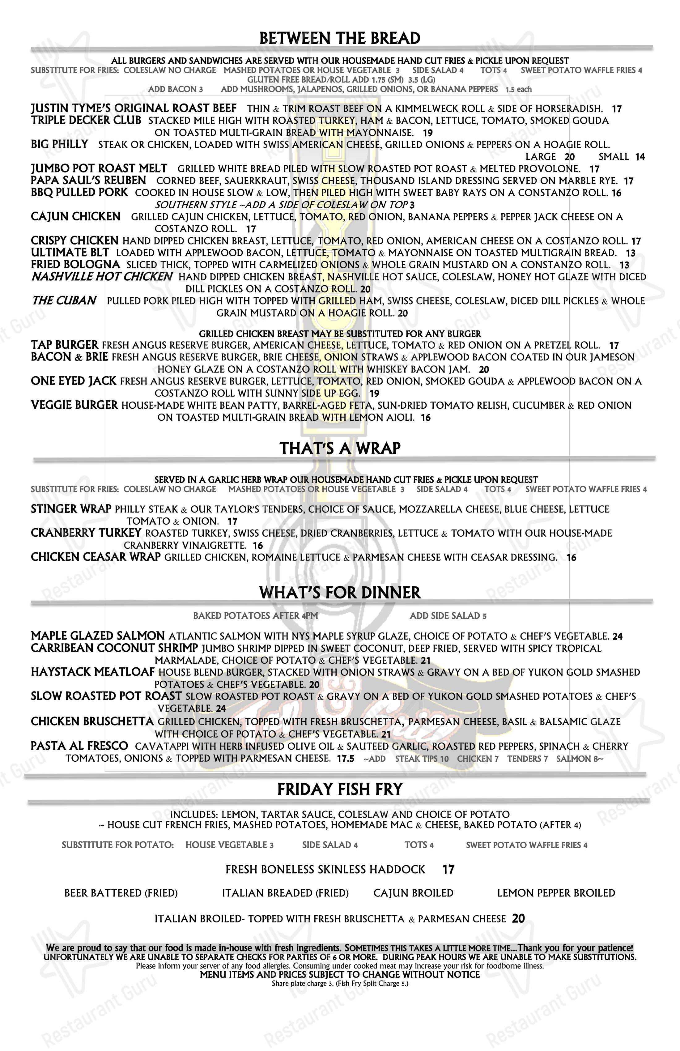 Menu at Taylor's Tap and Grill pub & bar, Niagara Falls