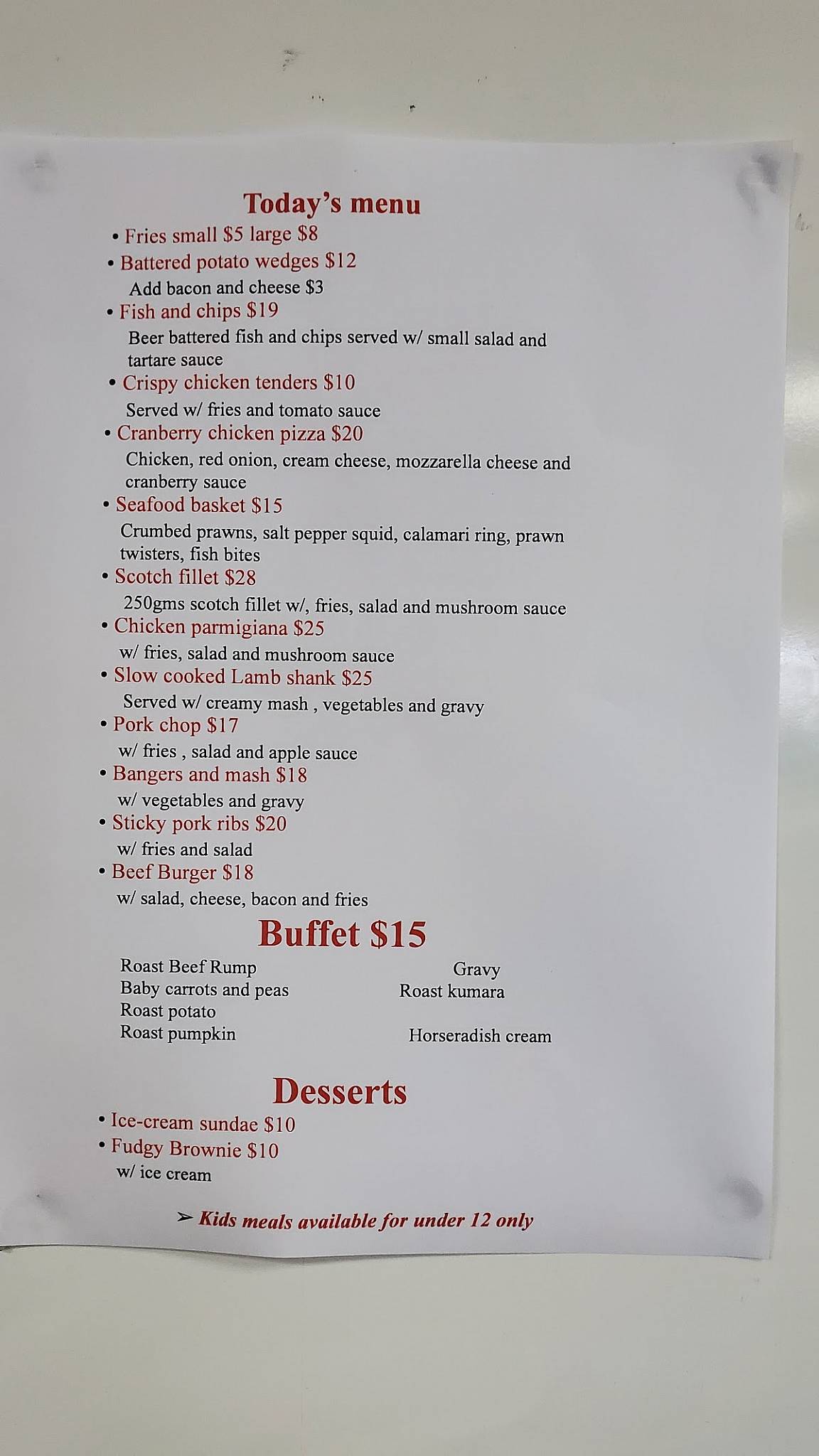 Menu at Te Awamutu & District Memorial RSA restaurant, Te Awamutu