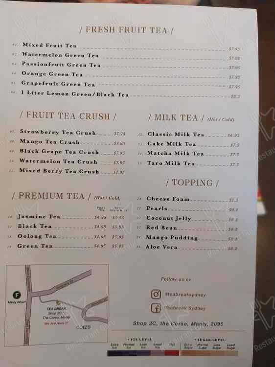 Menu at Tea Break cafe, Manly