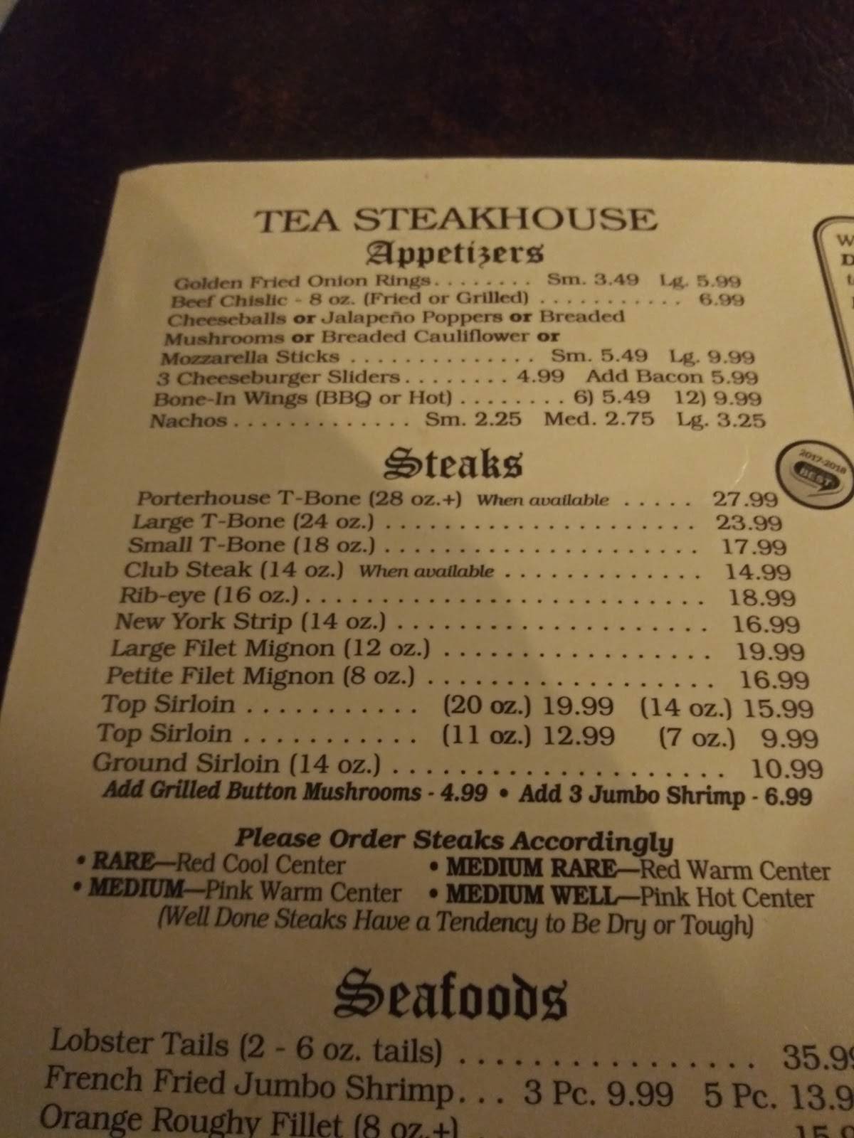 Menu at Tea Steak House steakhouse, Tea