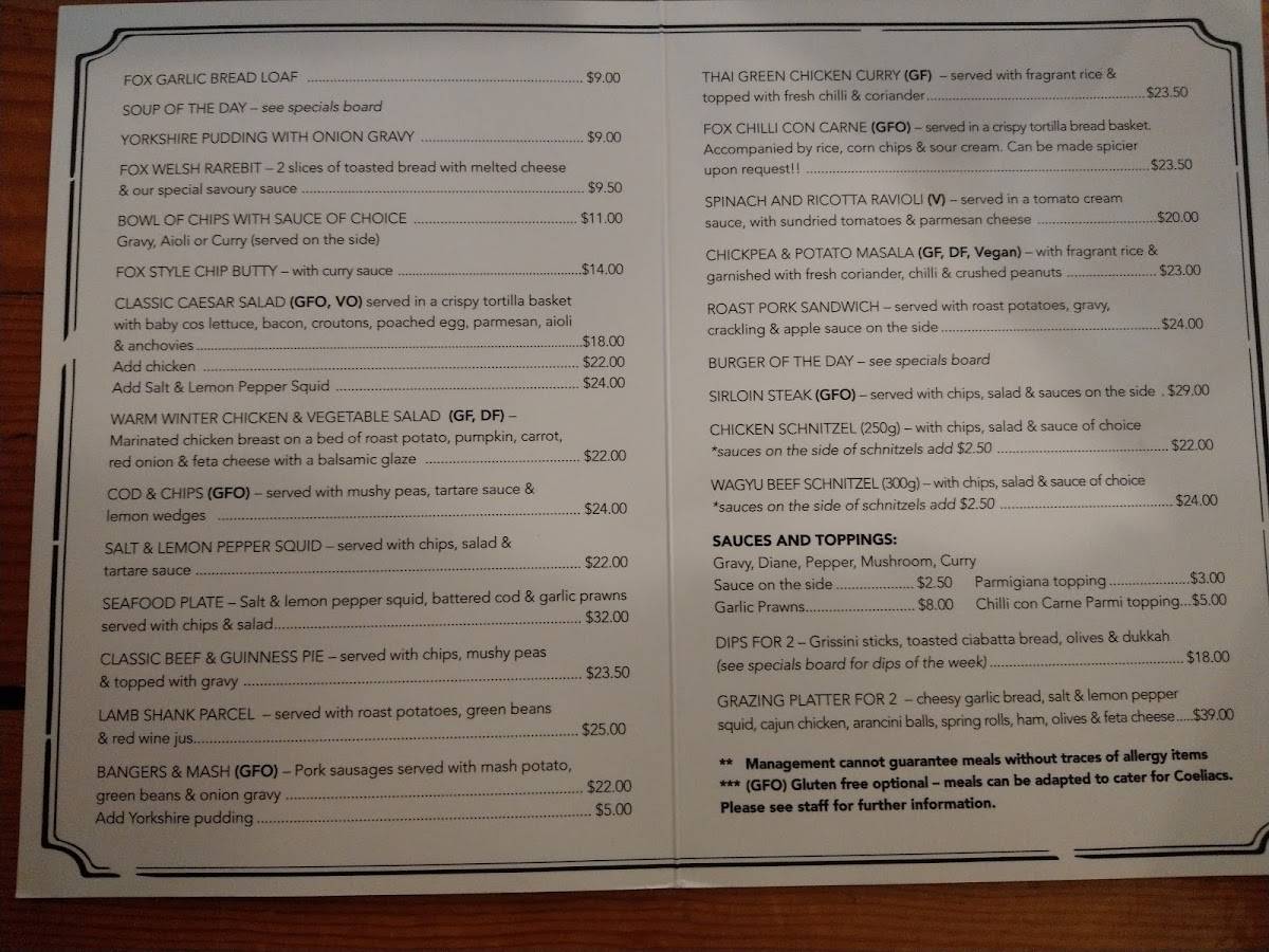 Menu at Fox & Firkin English Pub, Tea Tree Gully