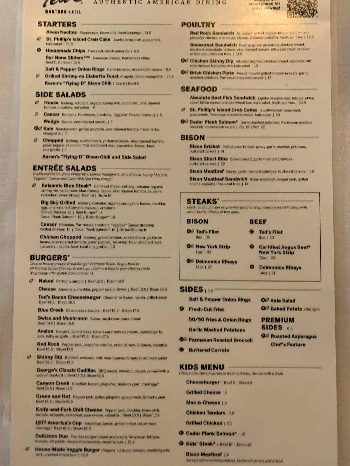 Menu at Ted's Montana Grill steakhouse, Peachtree City