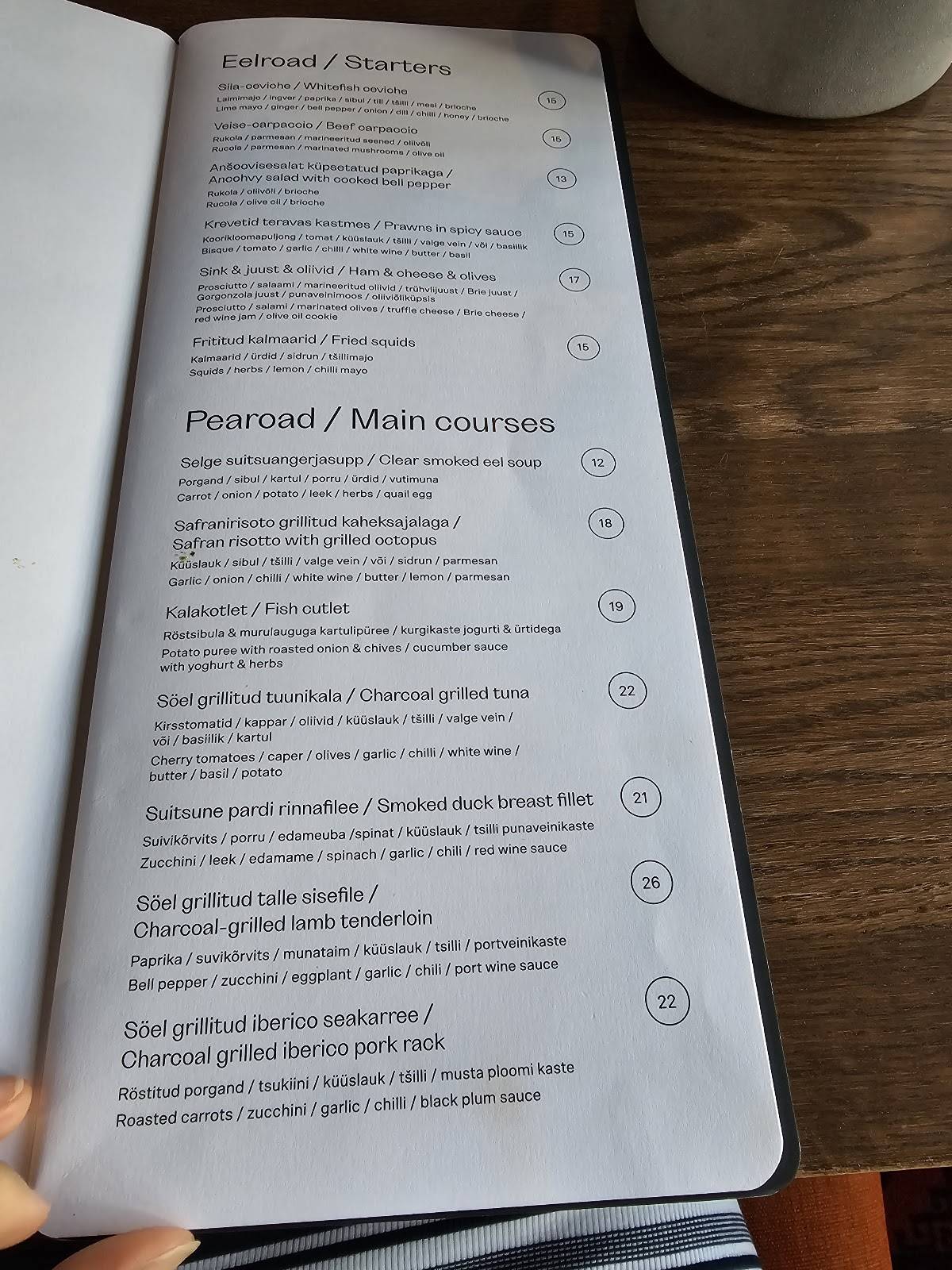 Menu at Telliskivi KoHo restaurant, Tallinn
