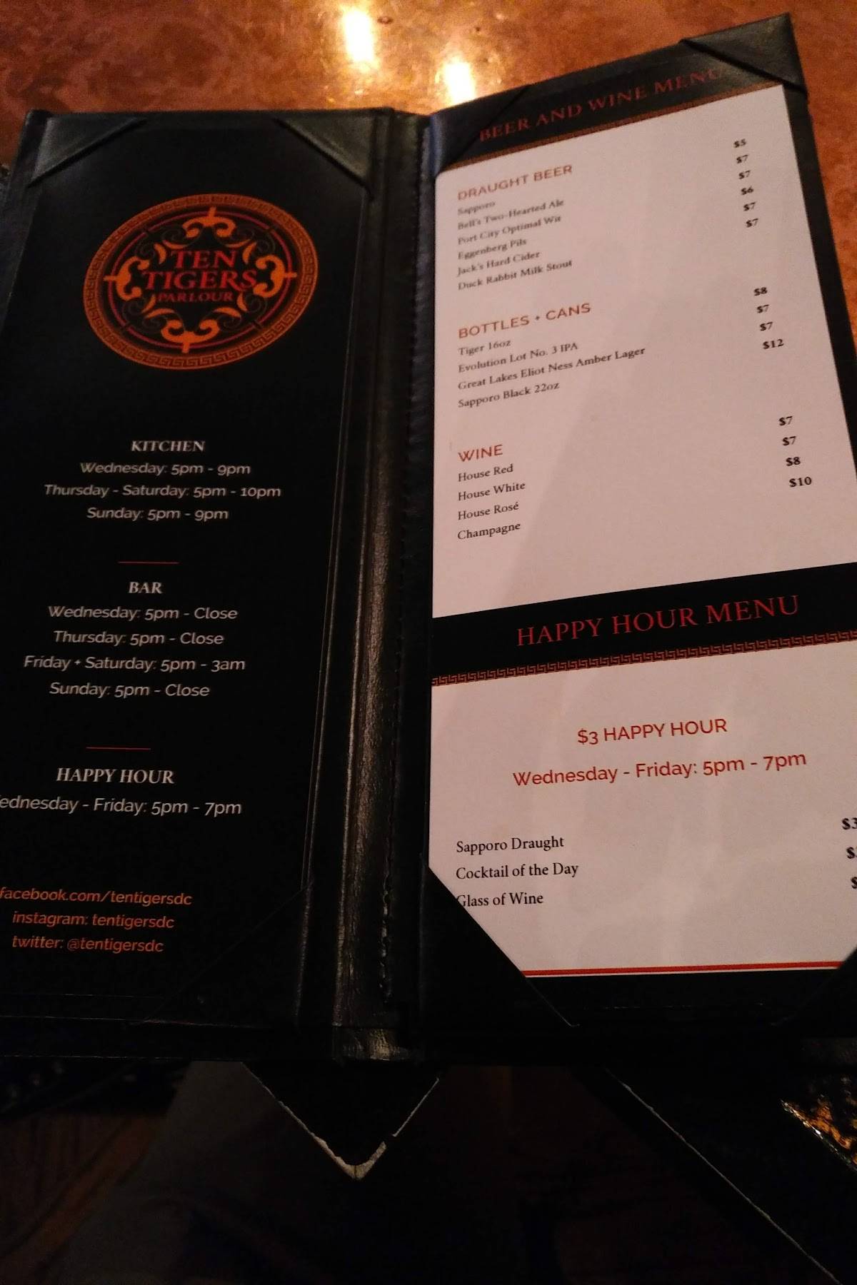 Menu at Ten Tigers Parlour pub & bar, Washington