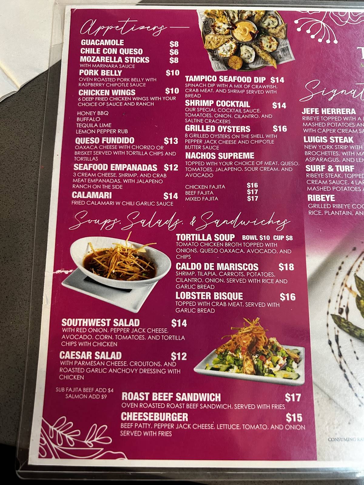Menu at Tequila 45 mexican restaurant, Houston