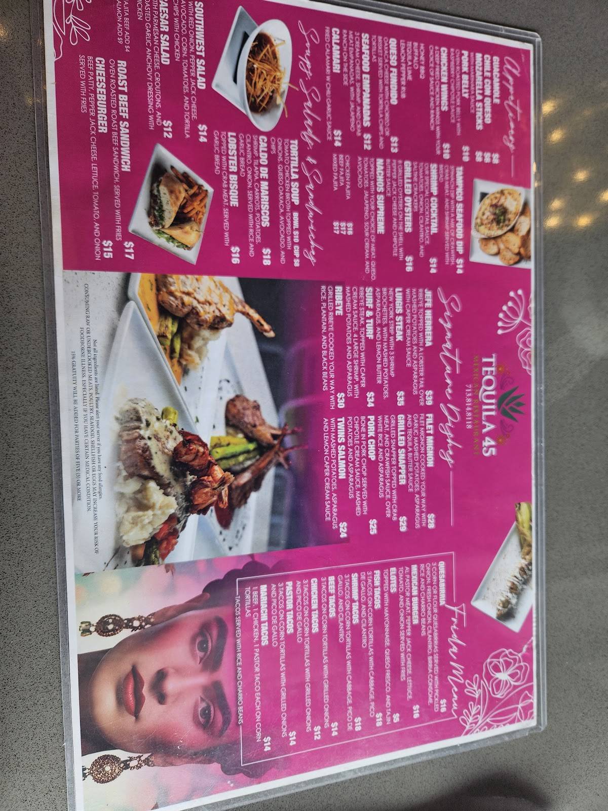 Menu at Tequila 45 mexican restaurant, Houston