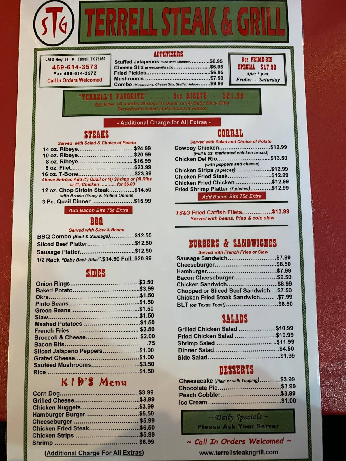 Menu at Terrell Steak & Grill Restaurant, Terrell