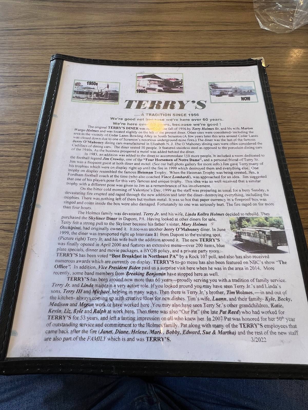 Menu at Terry's Diner restaurant, Moosic