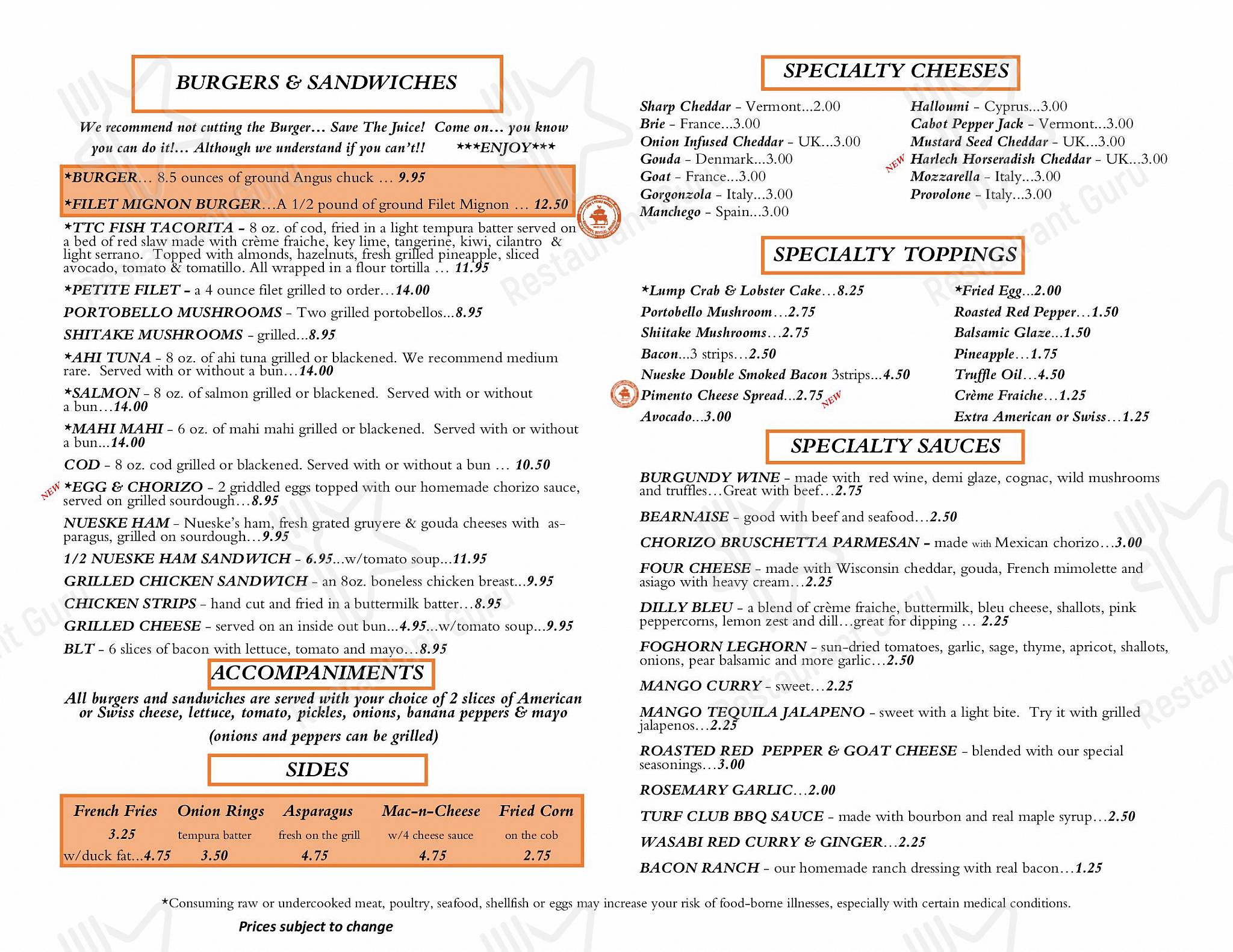 Menu at The Turf Club, Cincinnati