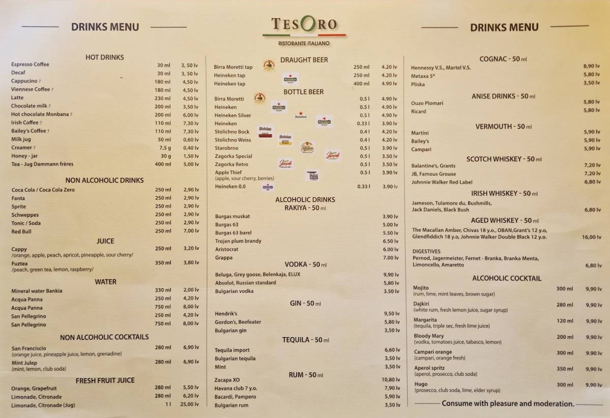 Menu at TesOro restaurant, Balchik
