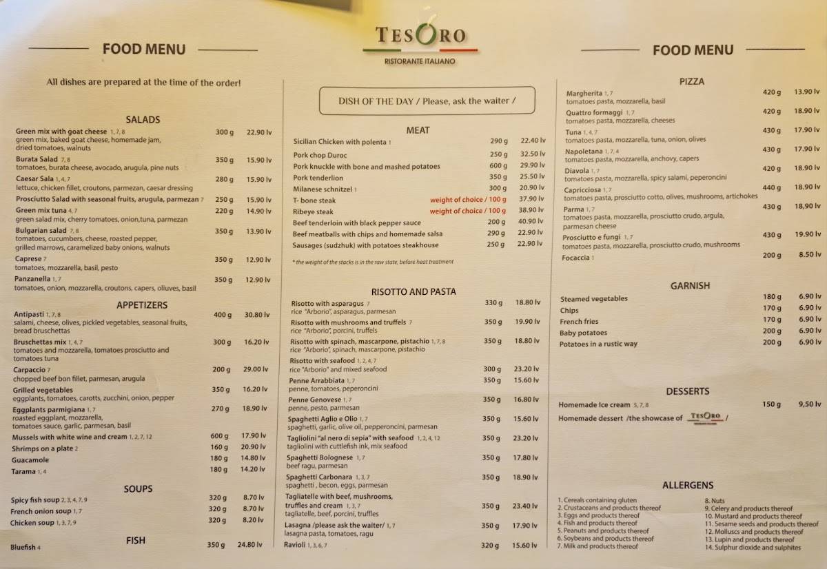 Menu at TesOro restaurant, Balchik